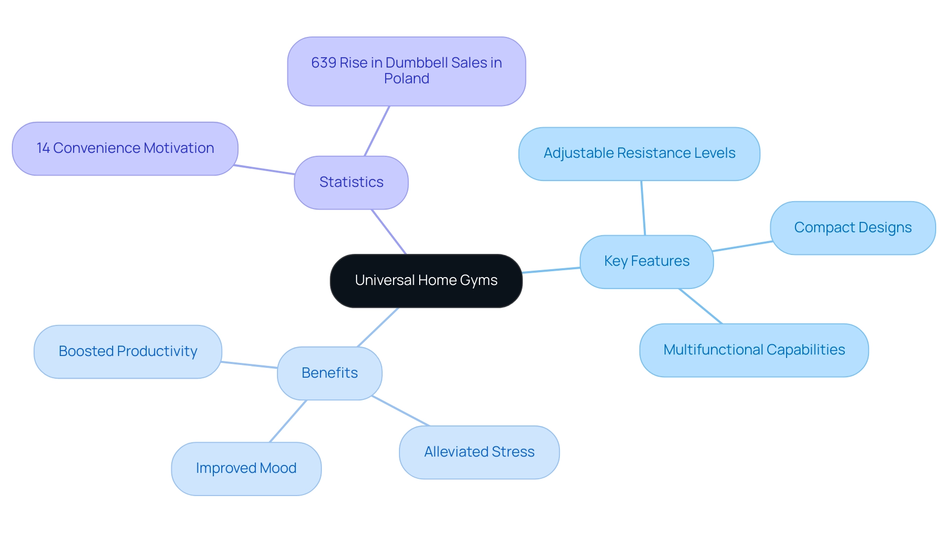 The central node represents universal home gyms; branches show key features, benefits, and statistics. Each color represents a different category.