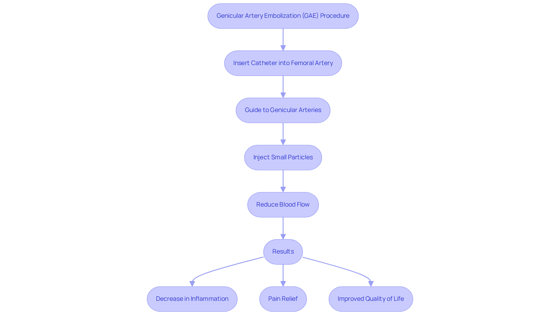 Follow the arrows to see how the GAE procedure works step-by-step, from the initial catheter insertion to the positive outcomes for patients. Each step leads to significant improvements in knee discomfort and overall well-being.