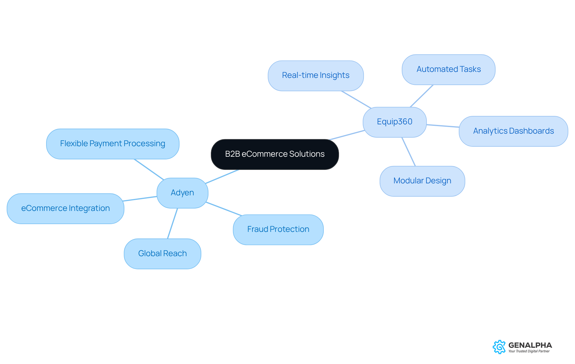 This mindmap shows how Adyen and Equip360 work together to improve B2B transactions. Each branch represents a key feature or benefit, helping you see how these tools can simplify and enhance your eCommerce experience.