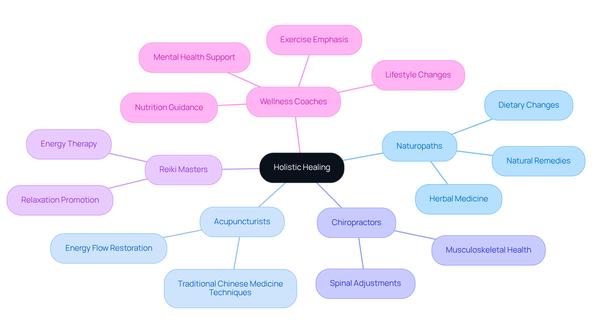 The center represents holistic healing, and each branch shows a different type of practitioner. Follow the branches to learn about their unique approaches and how they contribute to overall wellness.
