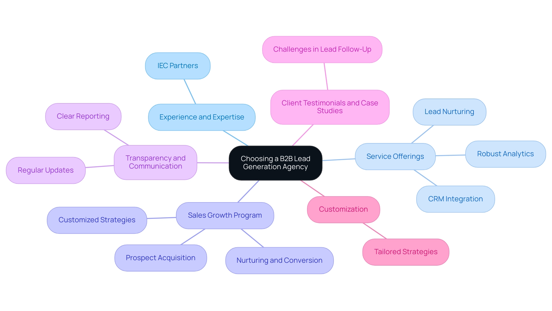 Each branch represents a key criterion for selecting a B2B lead generation agency, with sub-branches providing specific details or examples related to that criterion.