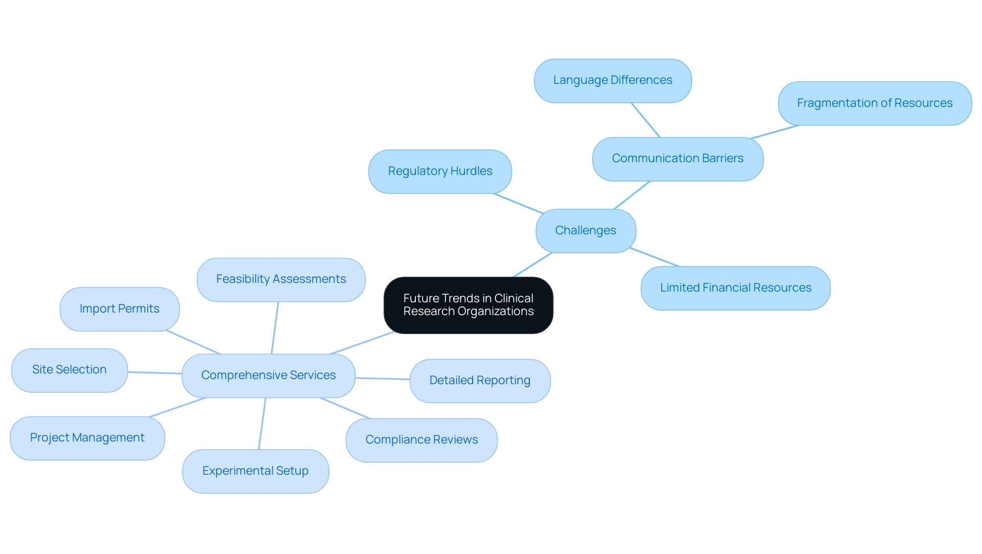 The central node represents the main topic, with branches indicating challenges faced by CROs and the comprehensive services offered to address these challenges.