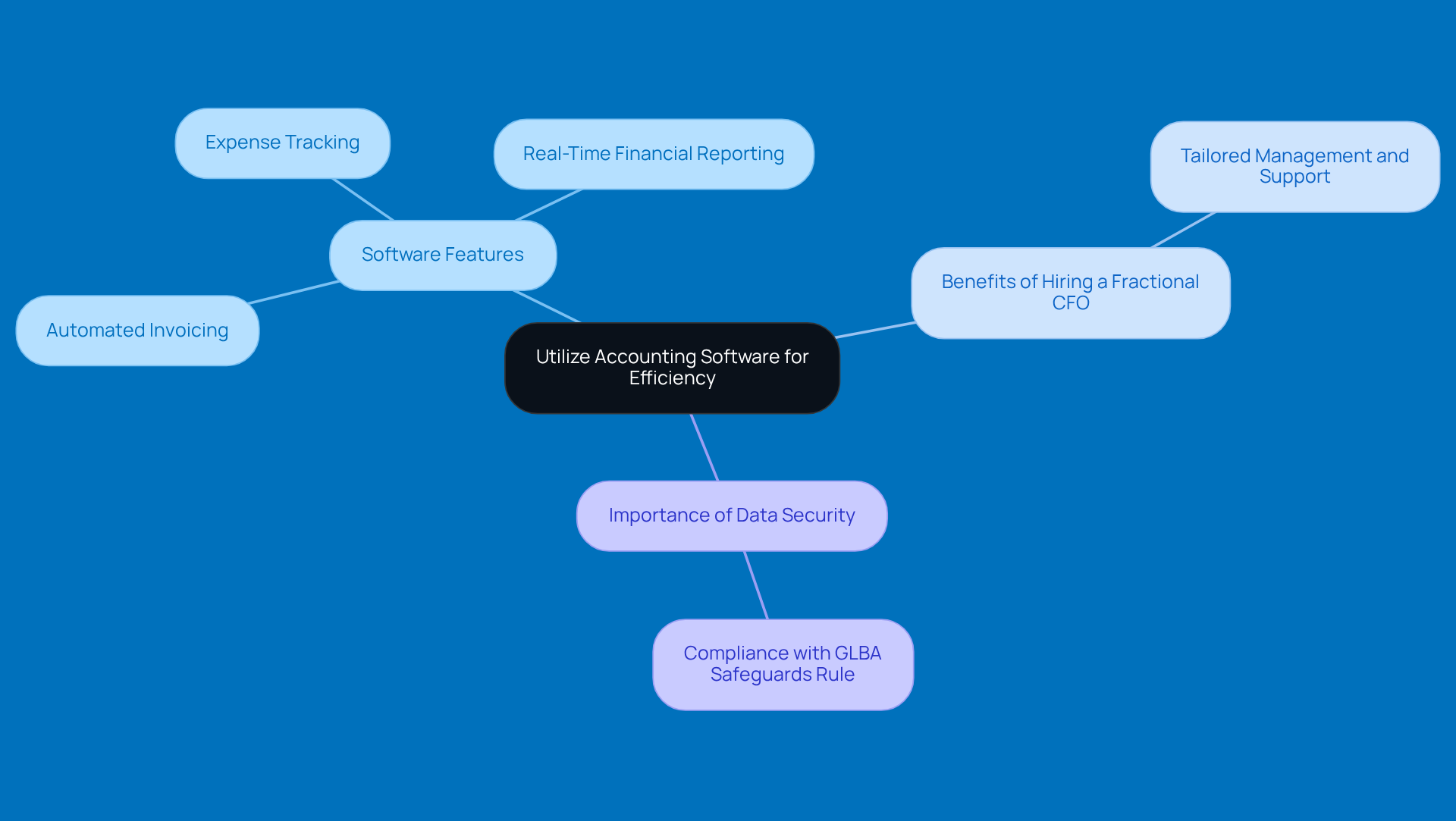 The central idea is about using accounting software effectively. Each branch represents a key area: features of the software, benefits of hiring a fractional CFO, and the critical nature of data security. Follow the branches to explore how these elements connect and support your financial management.