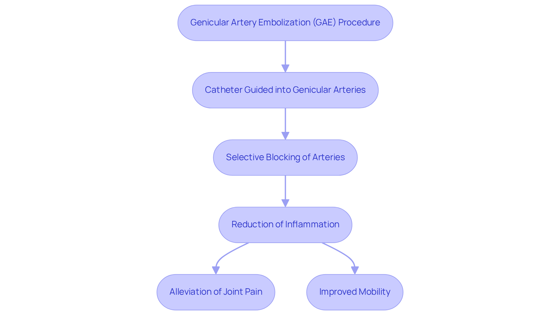 Follow the arrows to see how the GAE procedure works, from the initial step of guiding the catheter to the final benefits of reduced pain and improved mobility.