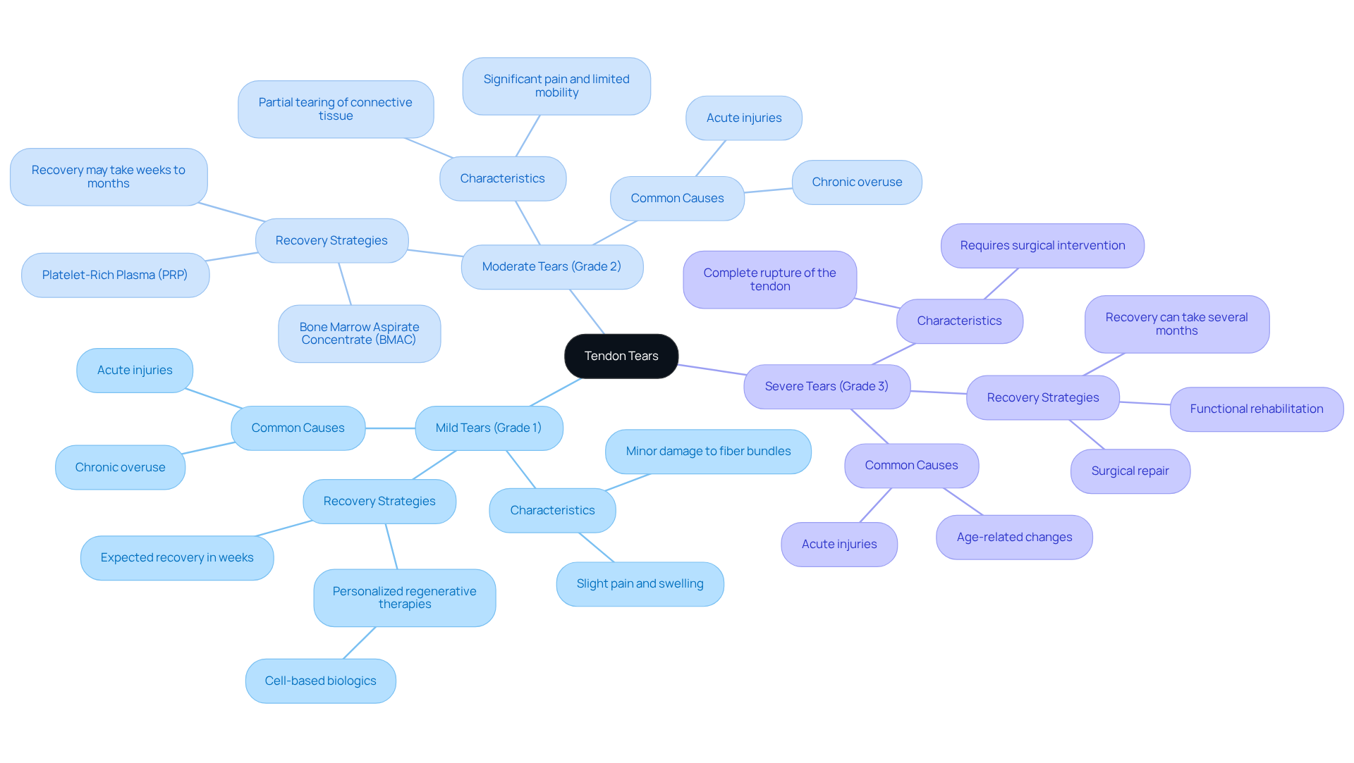 This mindmap starts with the central topic of tendon tears and branches out into three main types. Each type includes details about its characteristics and recovery options. Follow the branches to explore how each type differs and what causes these injuries. This mindmap starts with the central topic of tendon tears and branches out into three main types. Each type includes details about its characteristics and recovery options. Follow the branches to explore how each type differs and what causes these injuries.