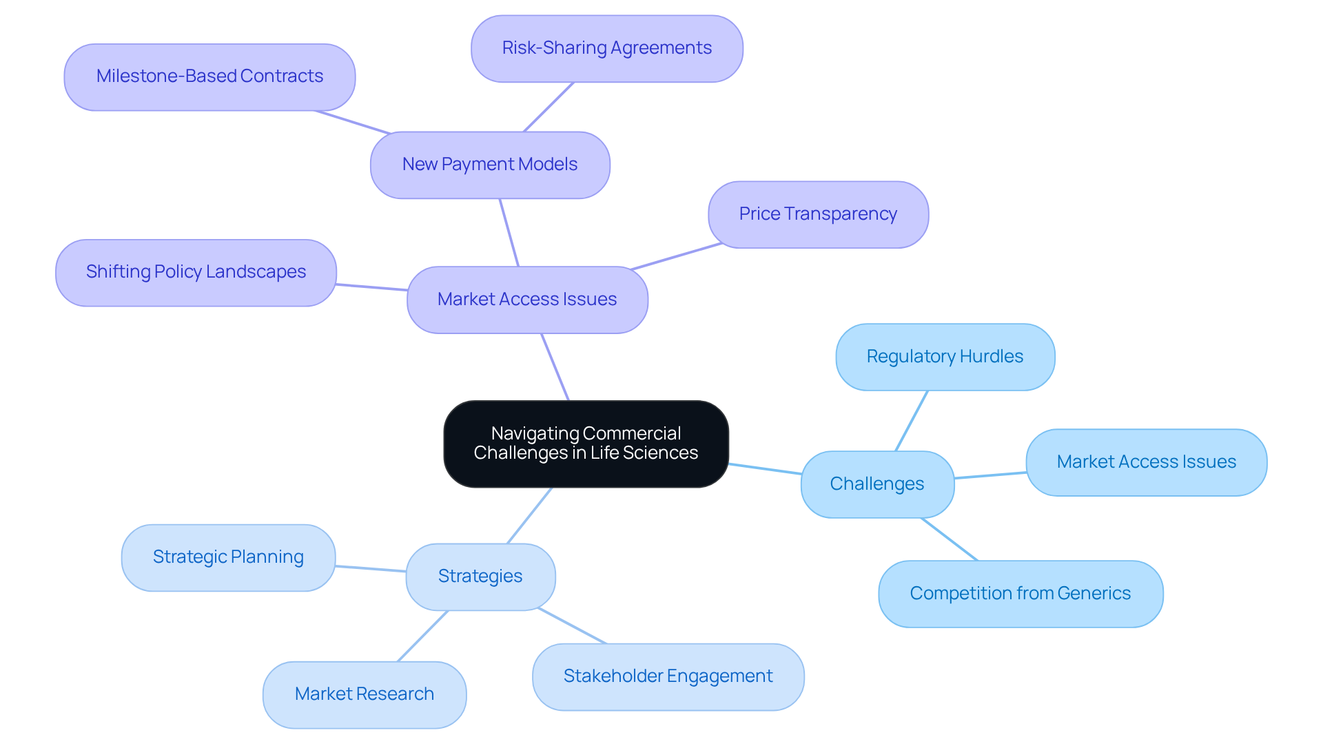 The center represents the main theme, while the branches illustrate the key challenges and strategies. Each color-coded section helps to differentiate between types of information, making it easier to see how they connect.