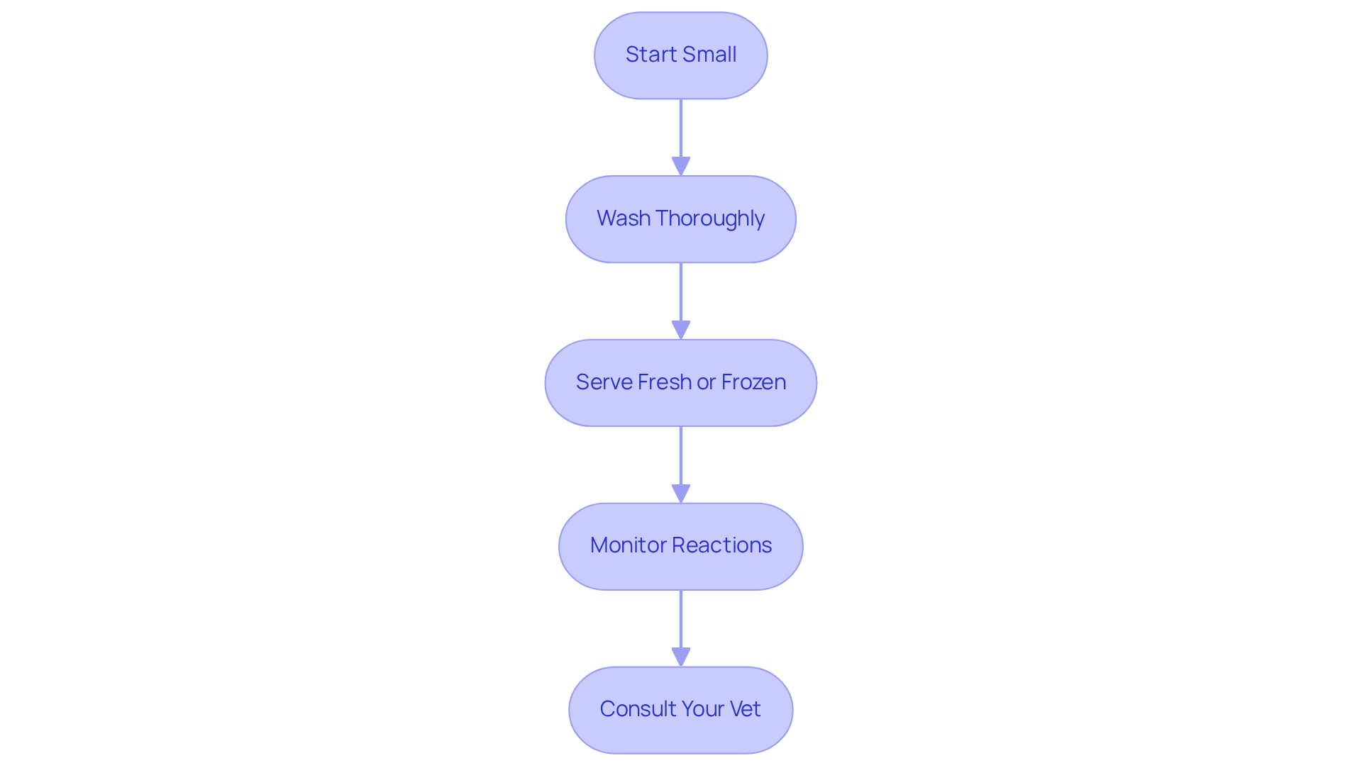 Follow the steps in the flowchart to ensure you safely introduce blueberries into your cat's diet. Each box represents a critical step, and the arrows show the order in which to follow them. Follow the steps in the flowchart to ensure you safely introduce blueberries into your cat's diet. Each box represents a critical step, and the arrows show the order in which to follow them.