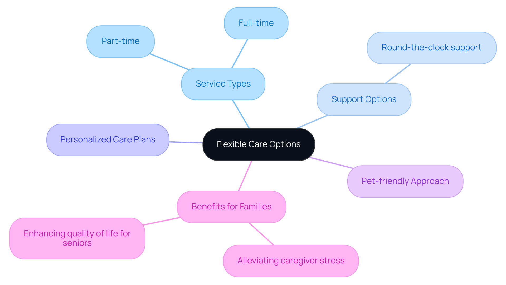 The center represents the main theme of flexible care options. Each branch highlights different features and benefits, allowing you to see how they all connect to improve the care experience.