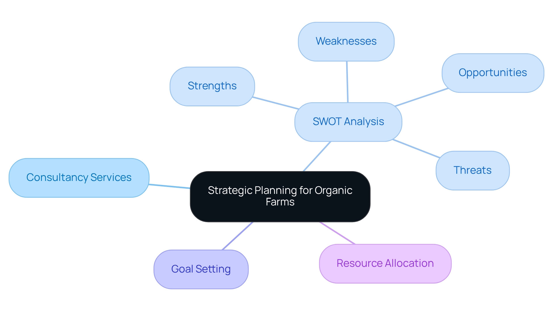 The central node represents the main theme of strategic planning, while the branches show key areas involved in the process. Each subtopic under each branch provides more detail about the steps needed to achieve long-term growth.