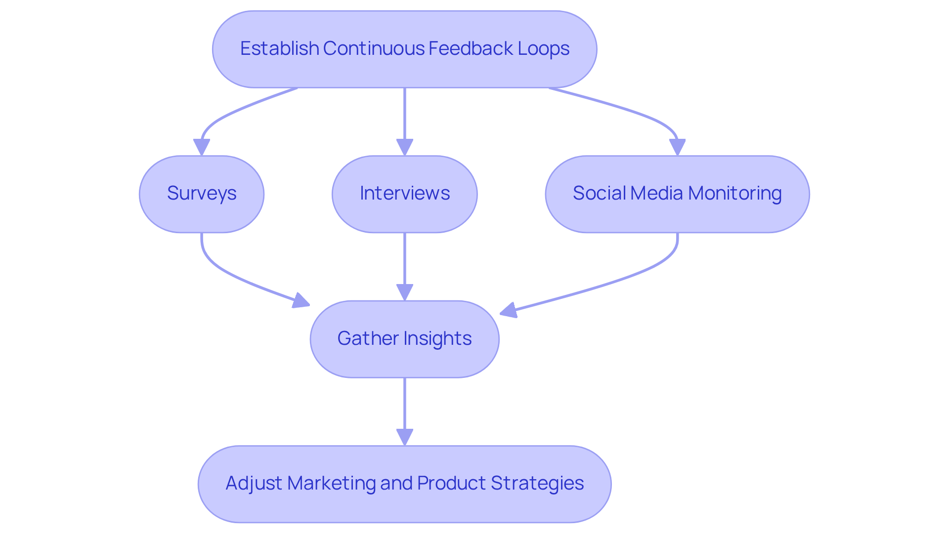 This flowchart shows how businesses can gather feedback through various methods and how that feedback informs adjustments in their marketing and product strategies. Follow the arrows to see how each step connects to the next.