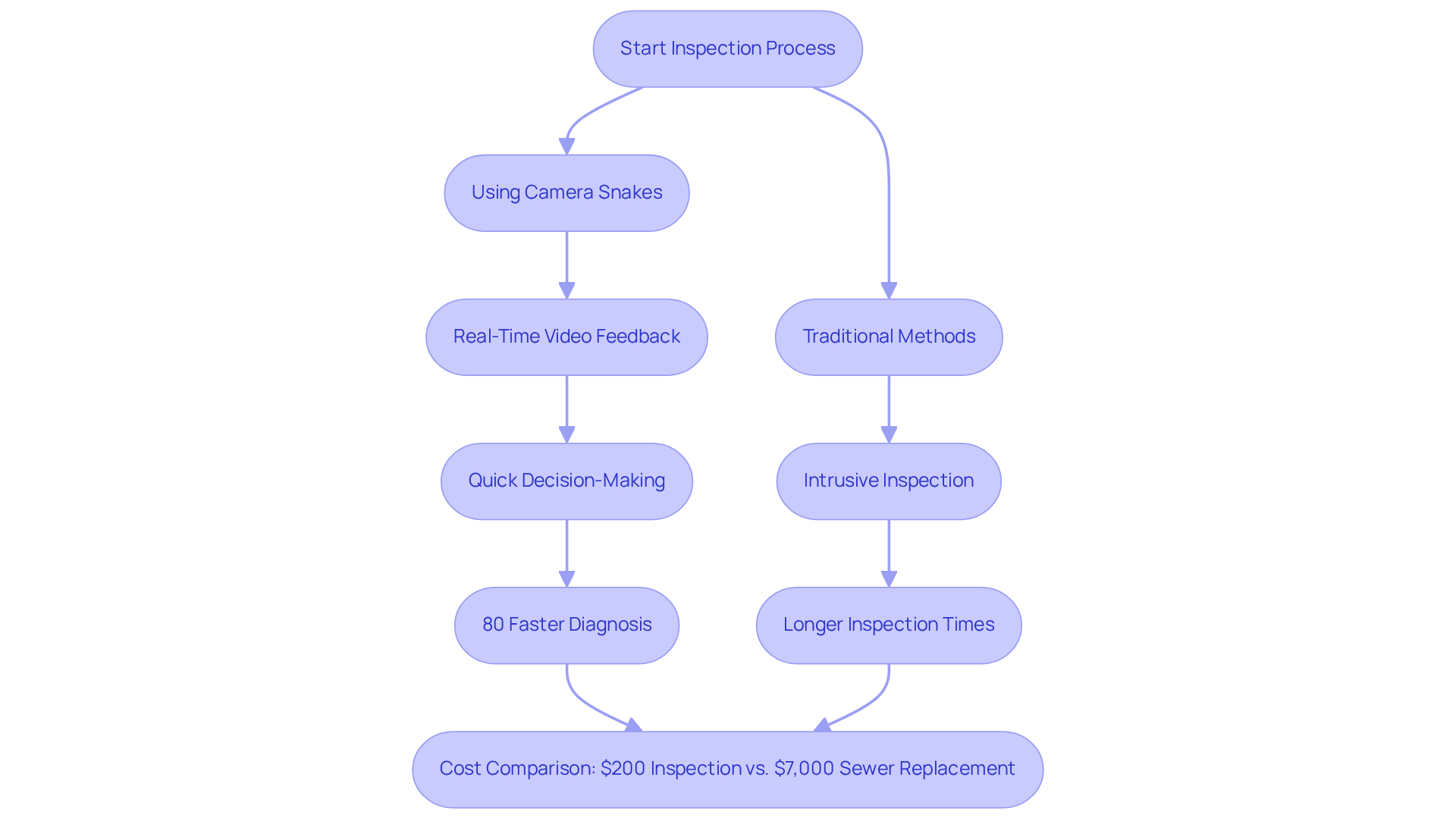 Follow the flow from the start of the inspection to see how camera snakes improve speed and save costs compared to traditional methods. Each step highlights the benefits of using advanced technology.