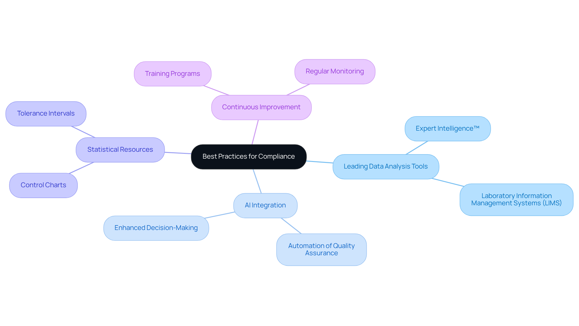 The central node represents the main theme of compliance best practices. Each branch shows a key area of focus, and the sub-nodes provide specific tools or strategies that support those areas.