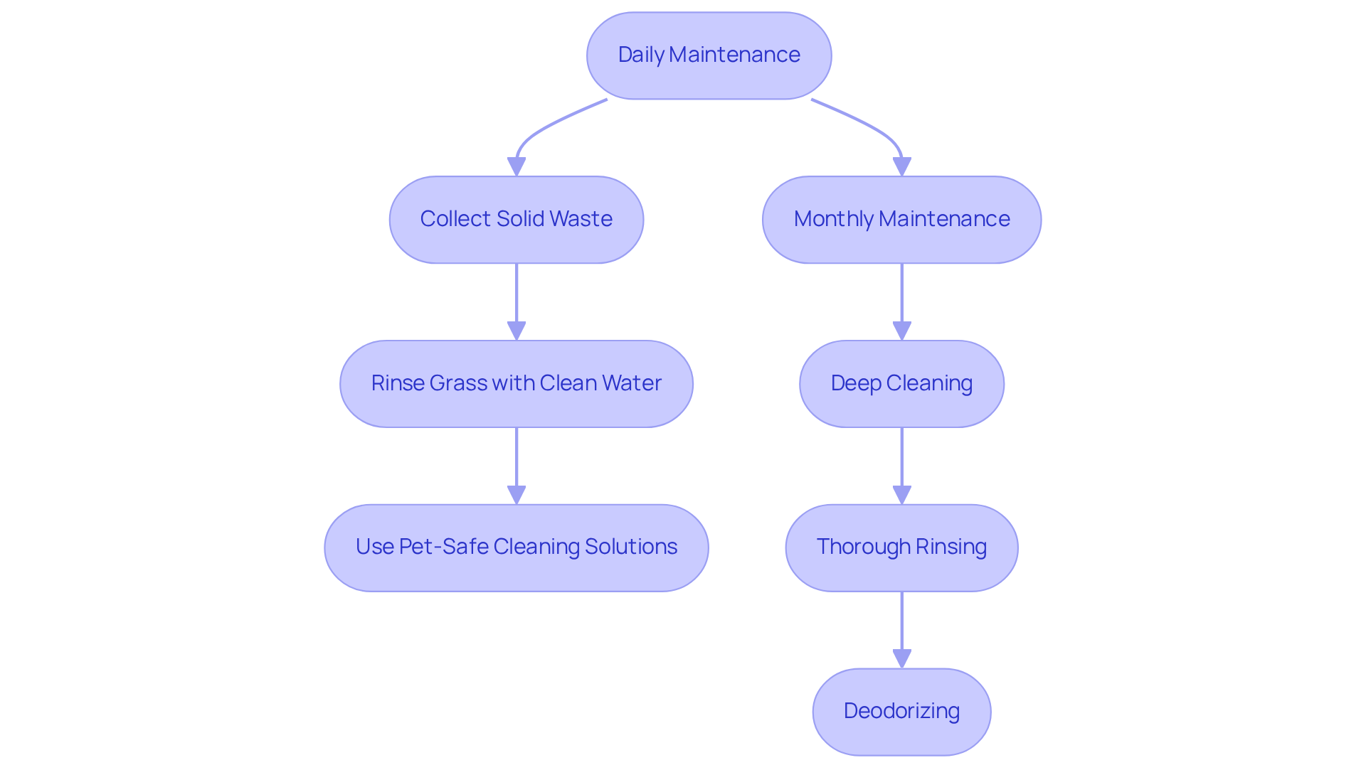 Follow the arrows to see what tasks to do daily and monthly to keep your puppy lawn clean and fresh. Daily tasks help prevent odors and bacteria, while monthly deep cleaning maintains the lawn's appearance.