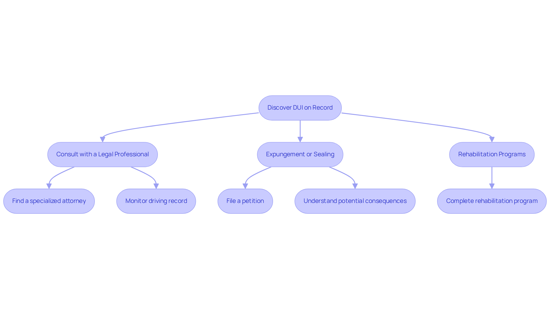 This flowchart guides you through the steps to take if you discover a DUI on your record. Start at the top and follow the arrows to see what actions you can take, from consulting a lawyer to exploring expungement options. This flowchart guides you through the steps to take if you discover a DUI on your record. Start at the top and follow the arrows to see what actions you can take, from consulting a lawyer to exploring expungement options.