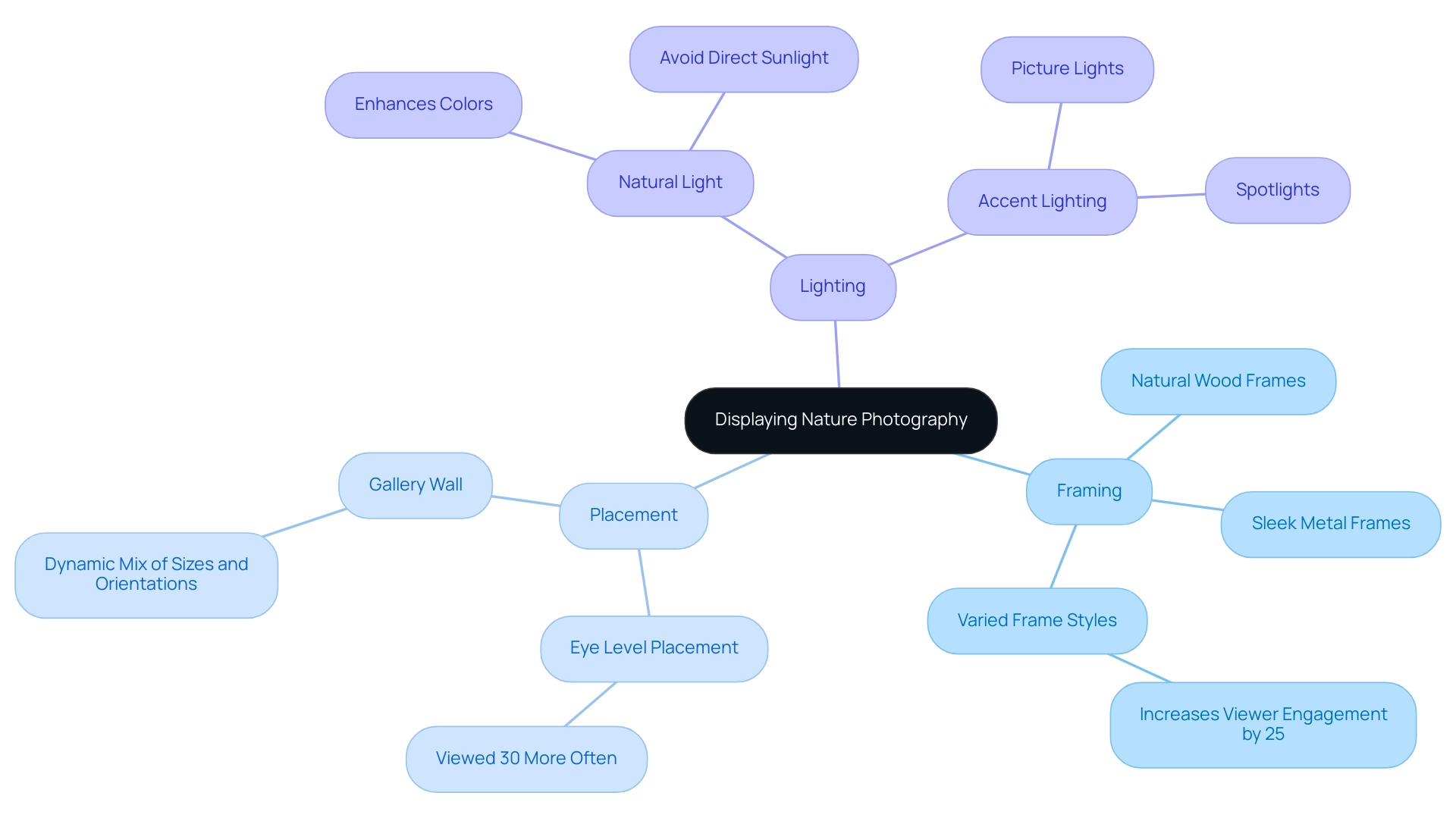 The central node represents the overall theme, with branches detailing key strategies (framing, placement, lighting) and their respective sub-tips.