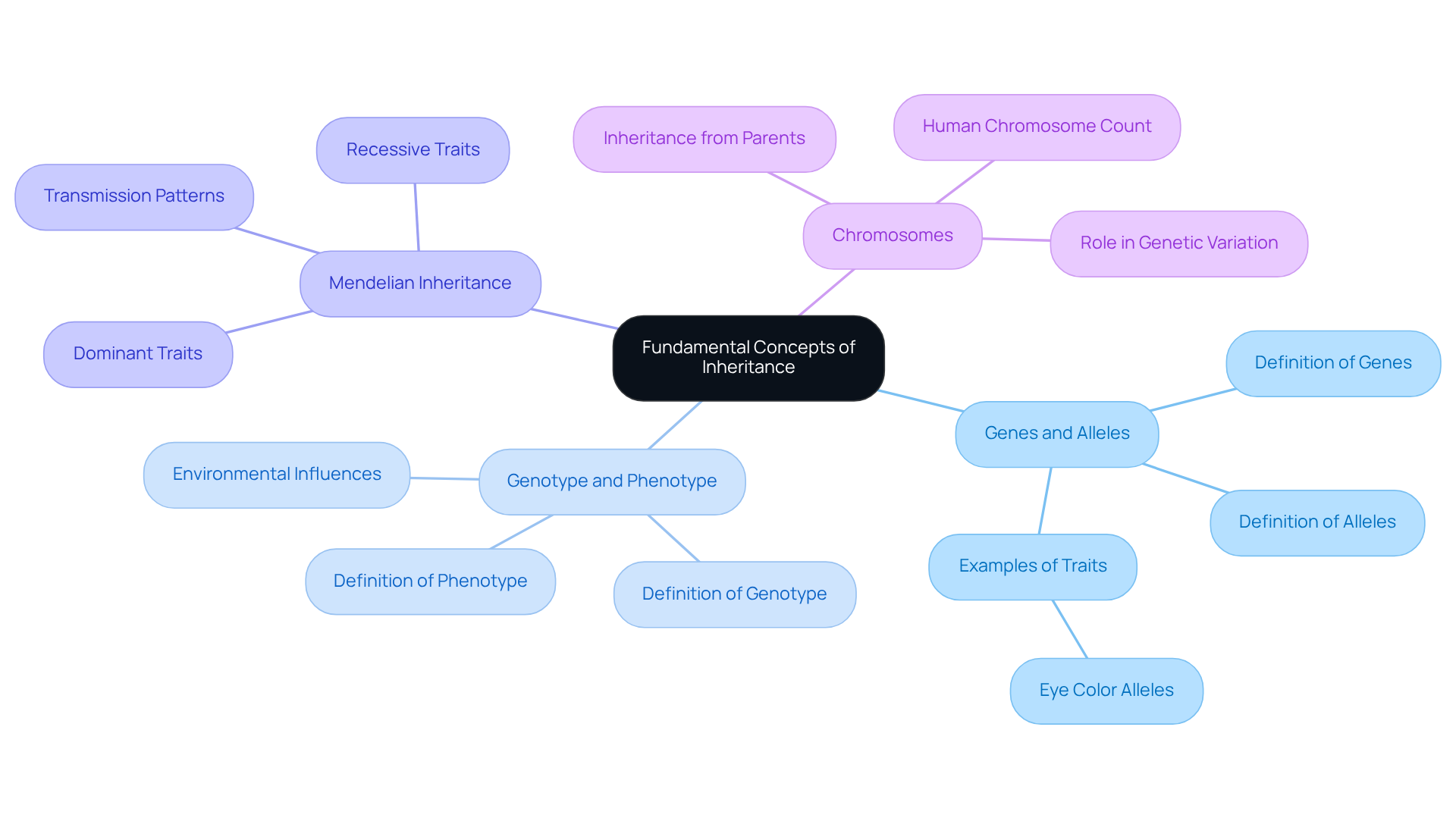 Start at the center with the main topic of inheritance. Follow the branches to explore each key concept and its details. The colors help differentiate between the various areas of focus.