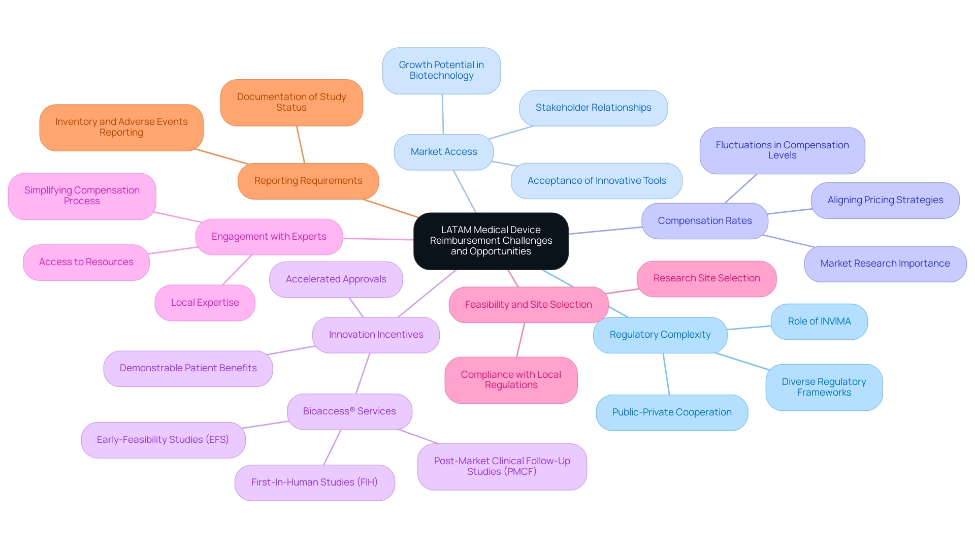 Each branch represents a key challenge in the reimbursement process, with sub-branches detailing specific aspects or examples related to that challenge.