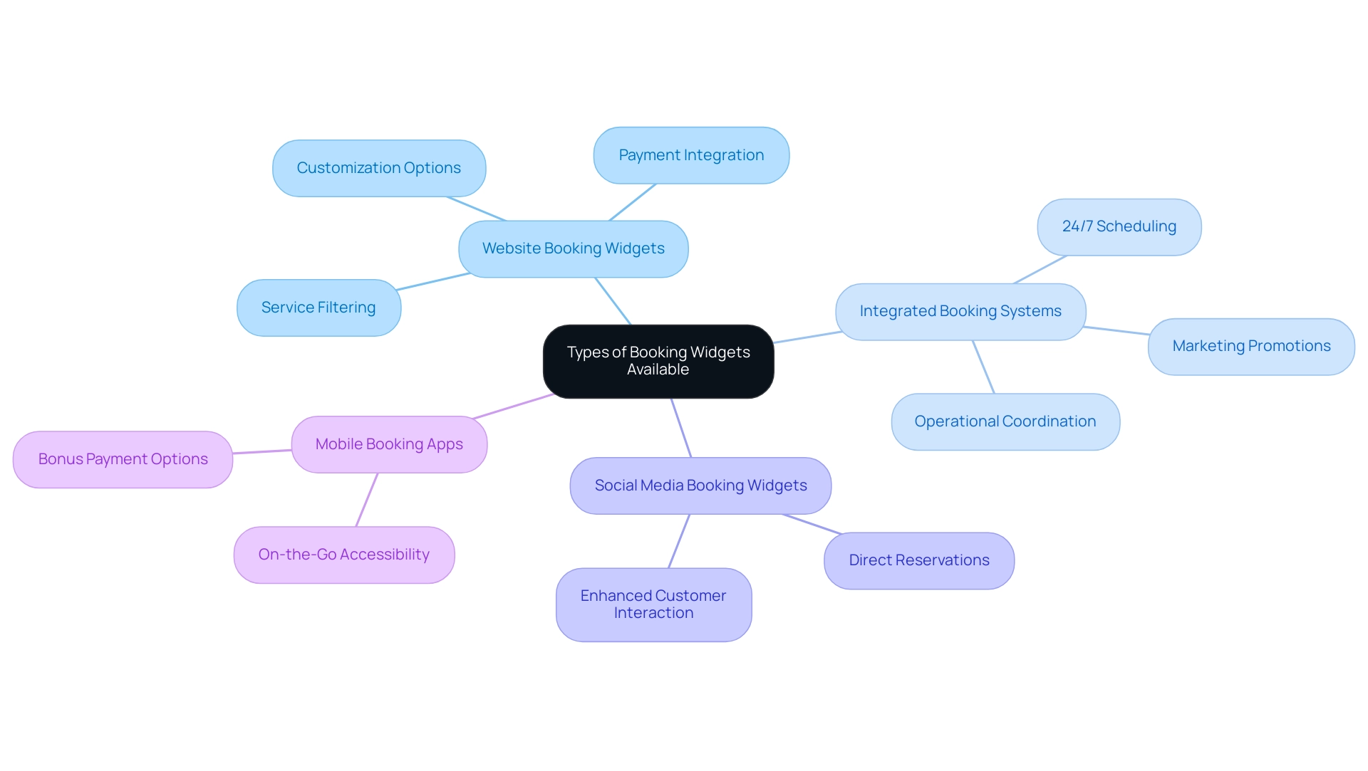 The central node represents the overall topic, with branches showing the four key categories of booking widgets and their respective features.