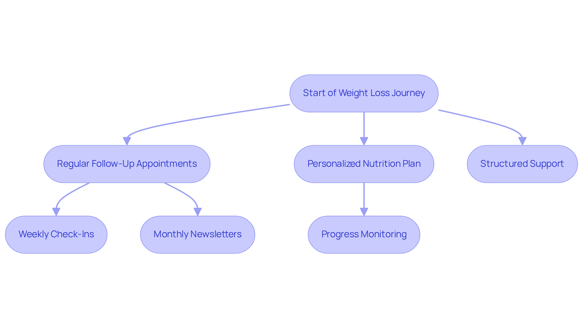 This flowchart shows the steps in your weight loss journey. Each box represents an important part of the support you’ll receive, guiding you through the process and helping you stay on track.