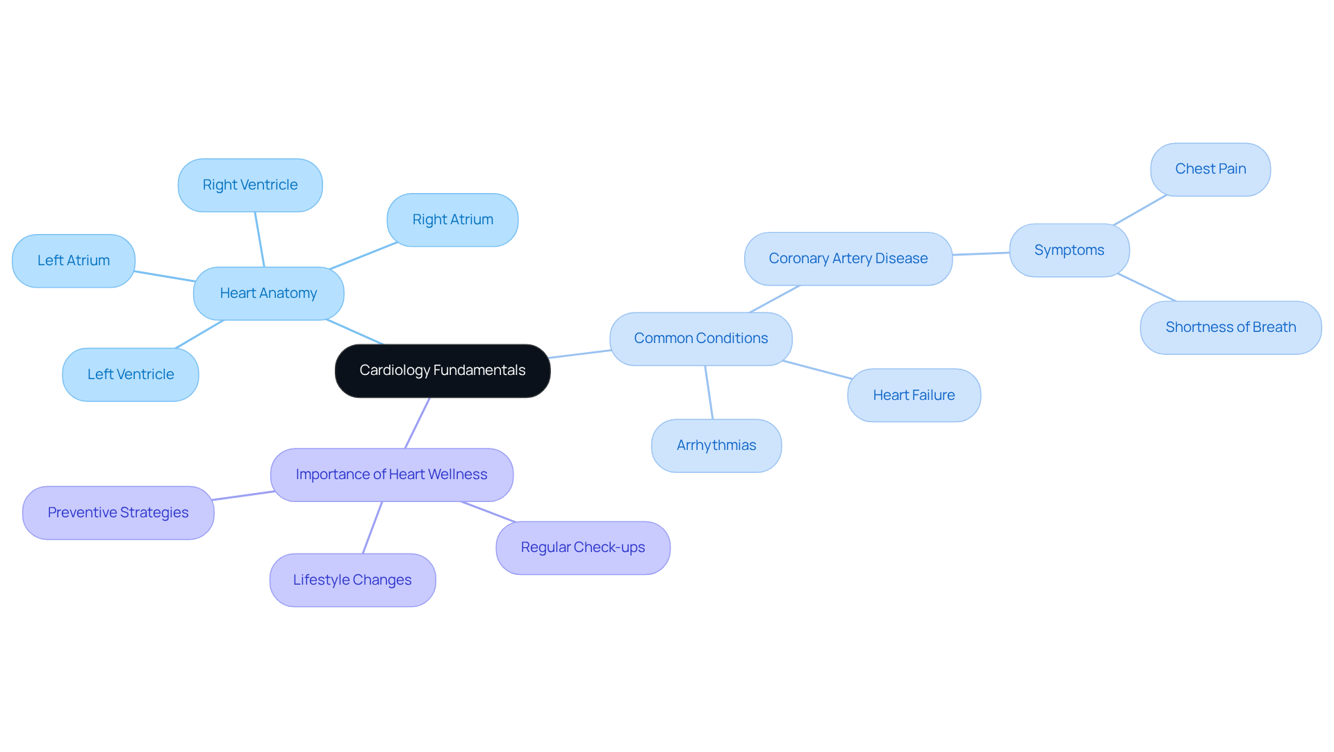 This mindmap starts with the core topic of cardiology and branches out into key areas. Each branch represents a crucial aspect of heart health, helping you understand how they relate to one another and the overall importance of managing cardiovascular health.