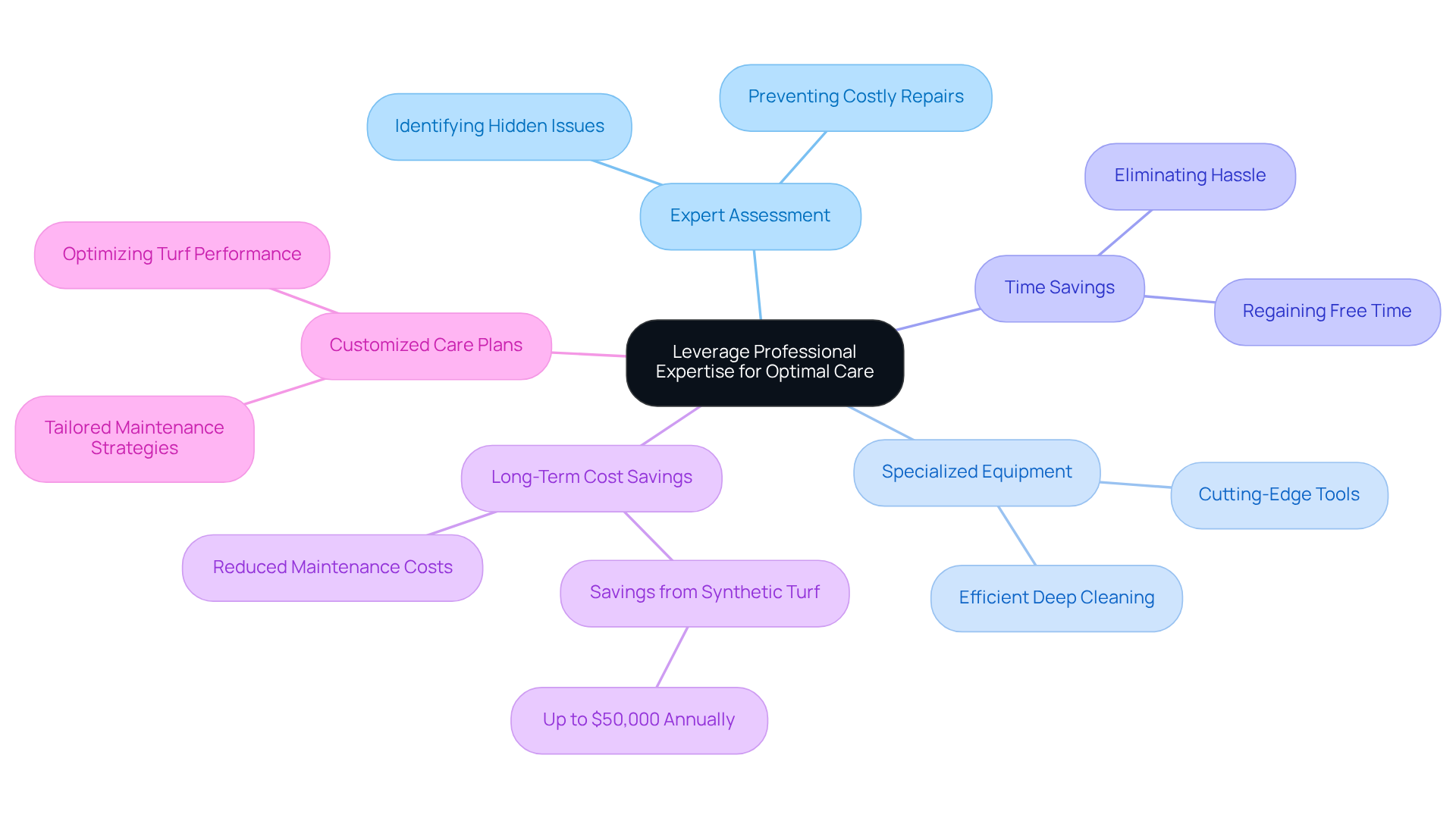 The central node represents the main idea of leveraging professional expertise, while each branch highlights a specific advantage. Follow the branches to explore how each benefit contributes to optimal lawn care.