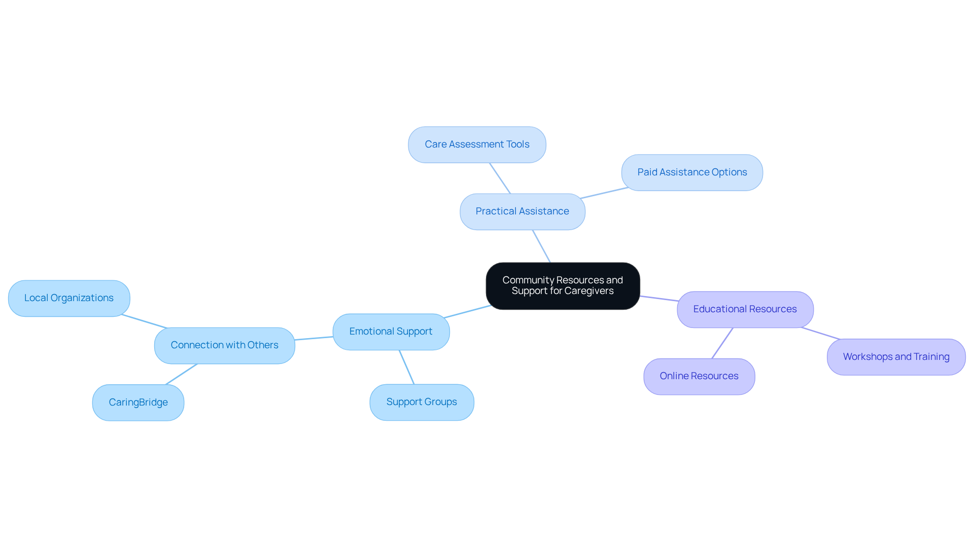 The center represents the main theme of community support for caregivers. Each branch shows different types of resources available, helping caregivers find the support they need.