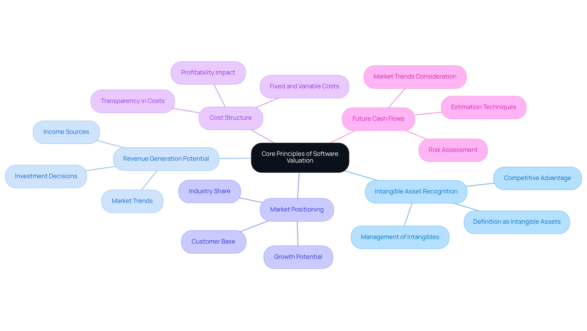 This mindmap starts with the main idea of software valuation at the center. Each branch represents a key principle that influences how software is valued. Follow the branches to explore each principle and its importance in the valuation process.