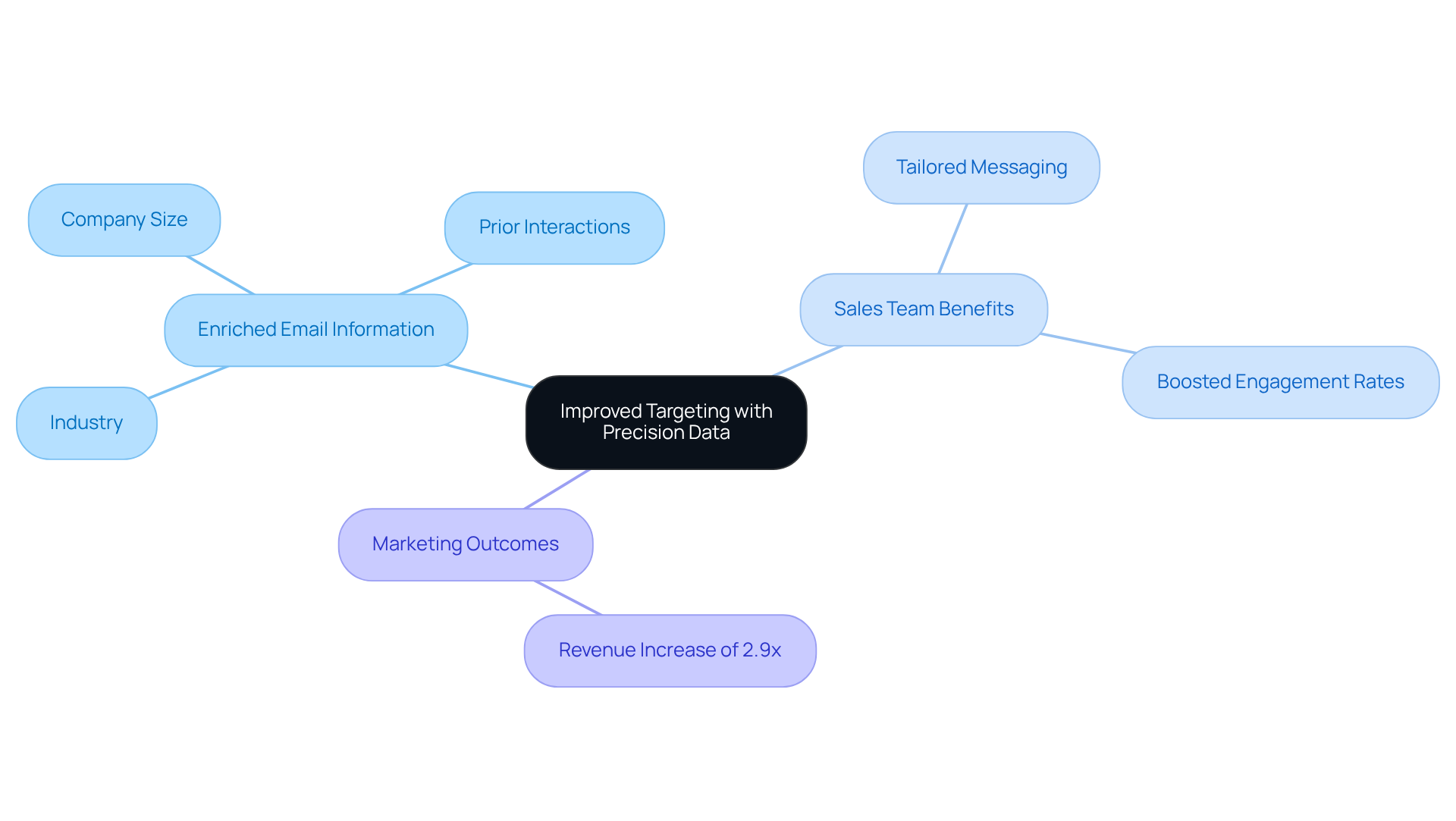 The center represents the main theme of targeting with precision data. Follow the branches to explore how enriched information and strategies relate to enhanced engagement and revenue.