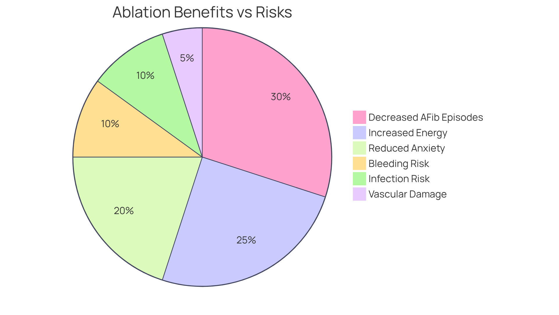 The chart shows how the benefits of ablation (like improved energy and reduced anxiety) compare to the risks (like bleeding and infection). The larger the segment, the more significant that aspect is in the overall discussion.