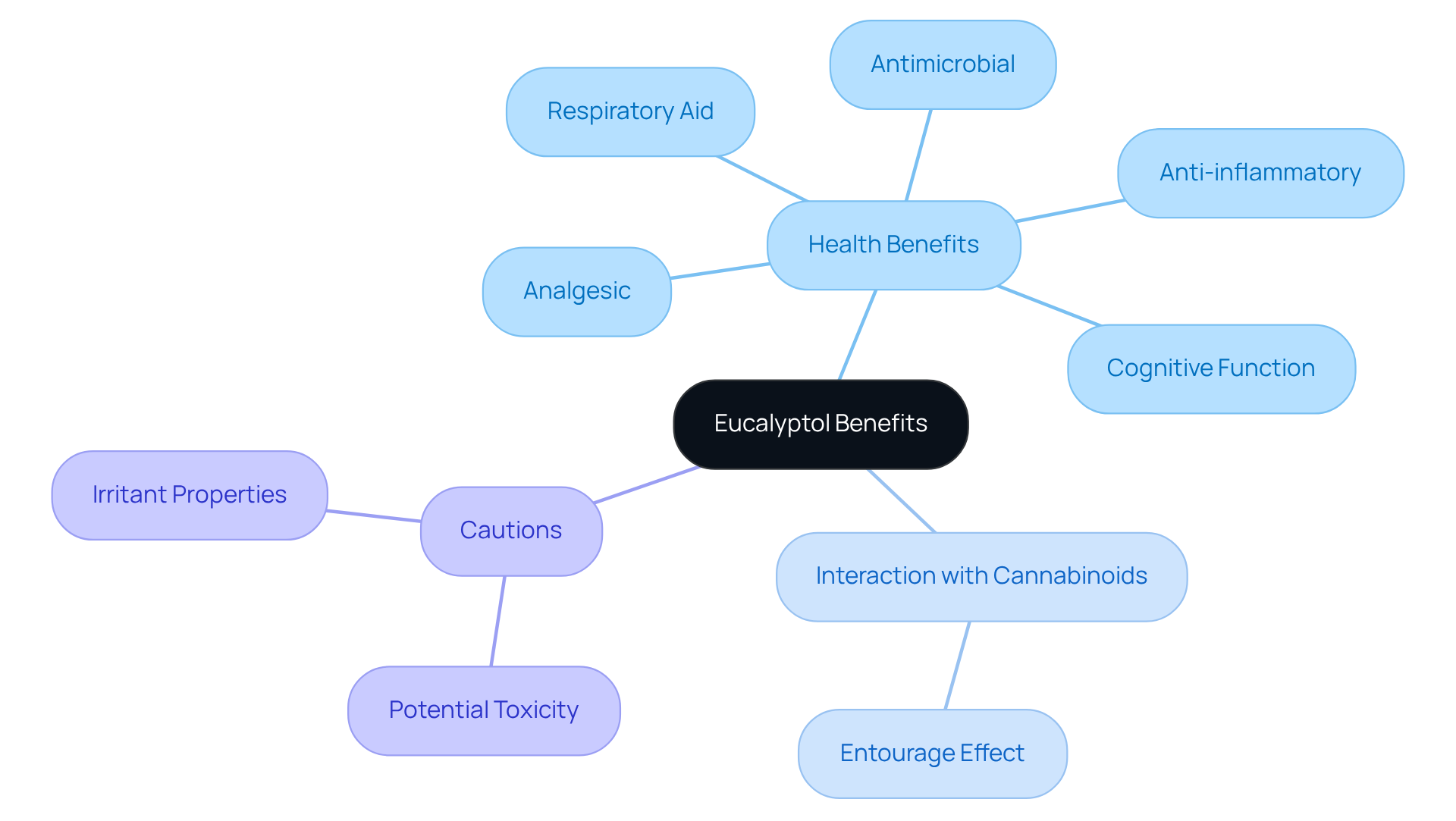 This mindmap shows how eucalyptol supports health and wellness. Each branch highlights key benefits, while the connections illustrate its role with cannabinoids and the need for cautious use.