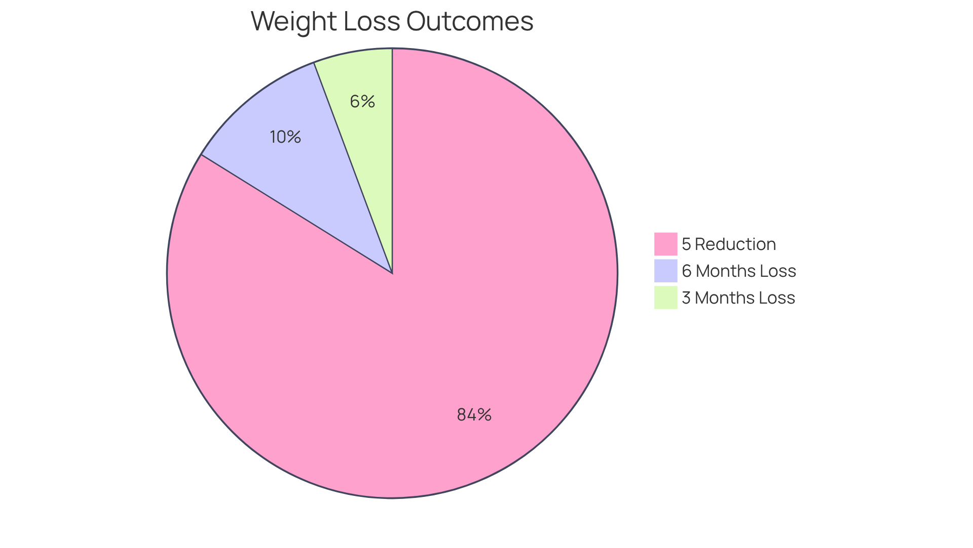 Each slice indicates a different outcome related to weight loss: the blue slice shows the average reduction after 3 months, the green slice shows the average reduction after 6 months, and the orange slice represents the percentage of patients achieving a minimum 5% reduction. The bigger the slice, the more significant the result!