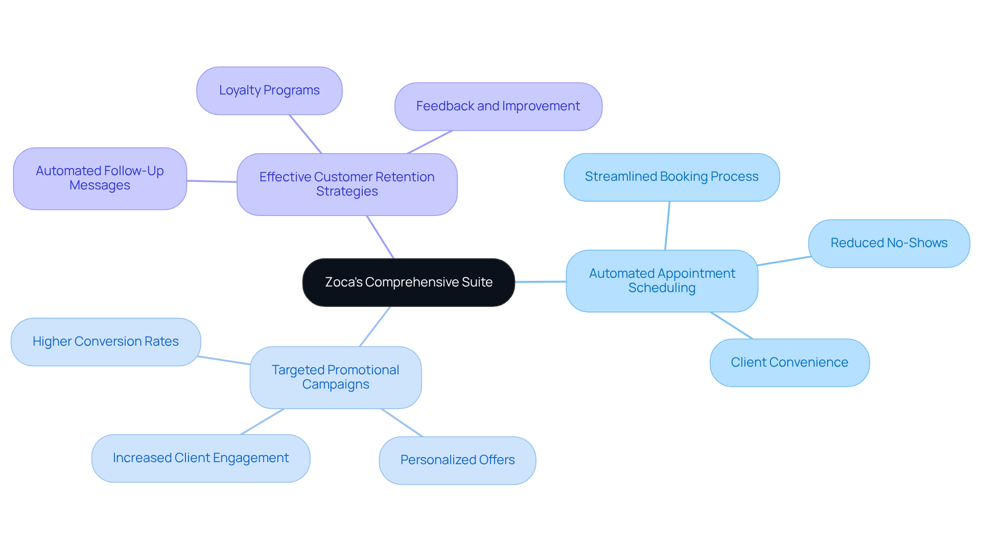 The central node represents Zoca's solution, while the branches show the key tools available. Each tool has its own benefits, helping med-spas manage client engagement more effectively.