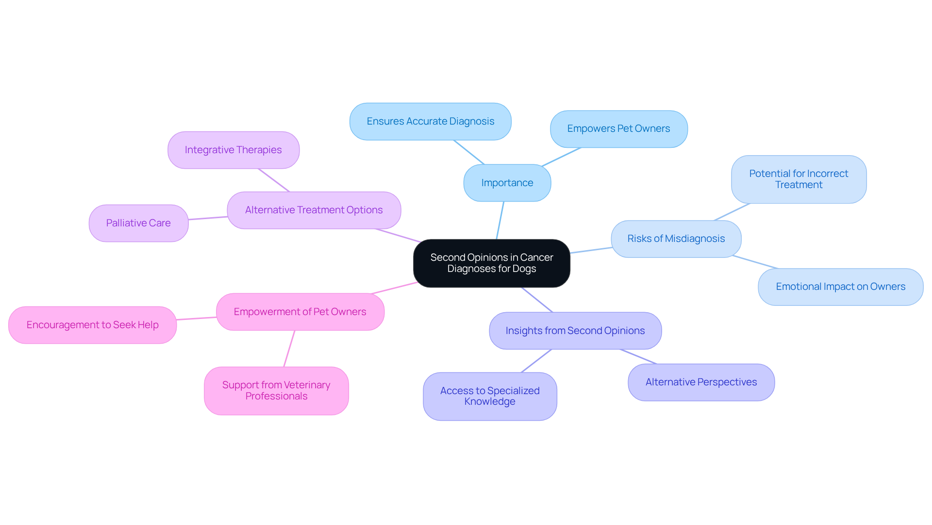 The central idea focuses on the necessity of second opinions. Each branch highlights different reasons why these opinions matter, helping pet owners understand the benefits and encouraging them to seek further evaluations. The central idea focuses on the necessity of second opinions. Each branch highlights different reasons why these opinions matter, helping pet owners understand the benefits and encouraging them to seek further evaluations.