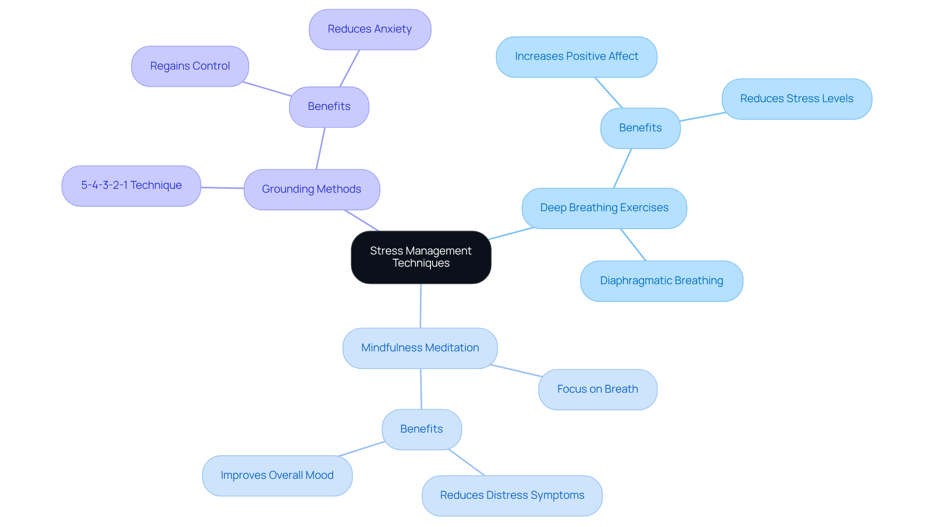 The center shows the main topic of stress management, and the branches represent different techniques. Each technique has its own details, helping you see how they connect and what you can do to manage stress effectively.