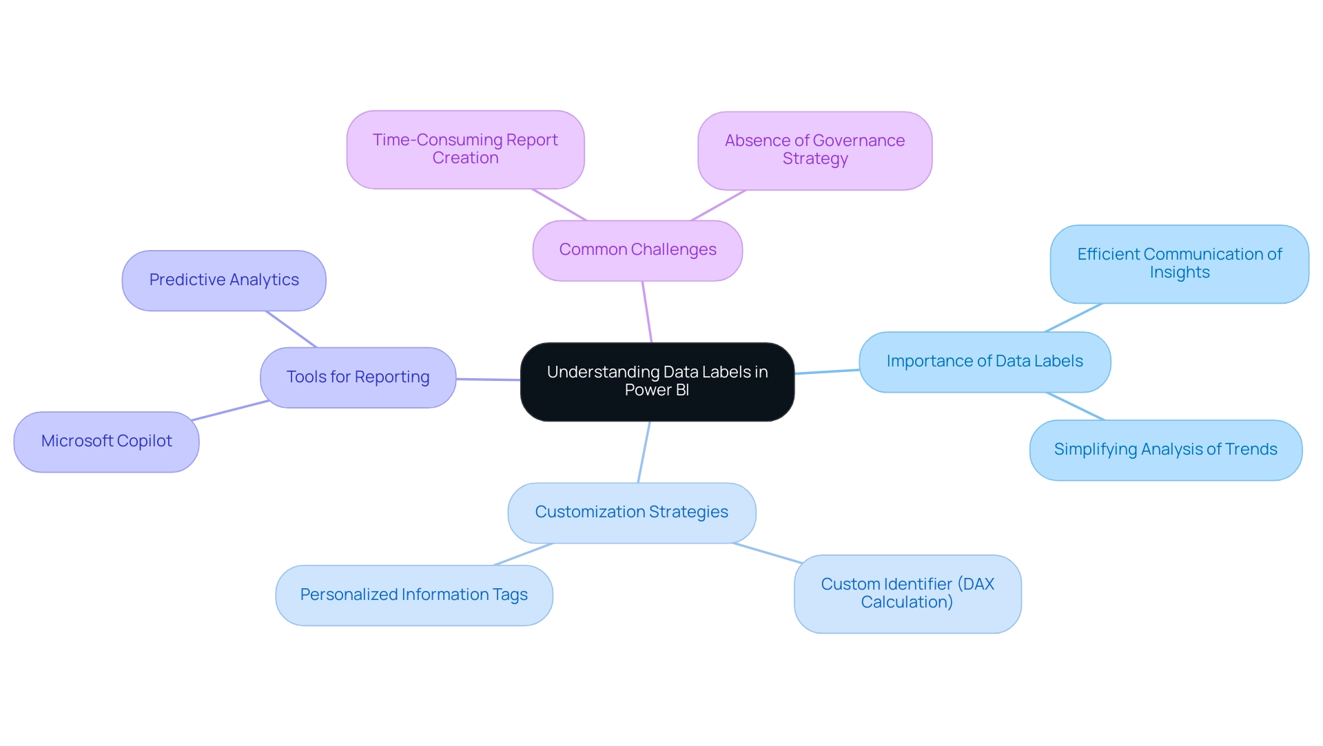 The central node represents the overview of data labels, with branches detailing their importance, customization strategies, tools, and challenges in reporting.