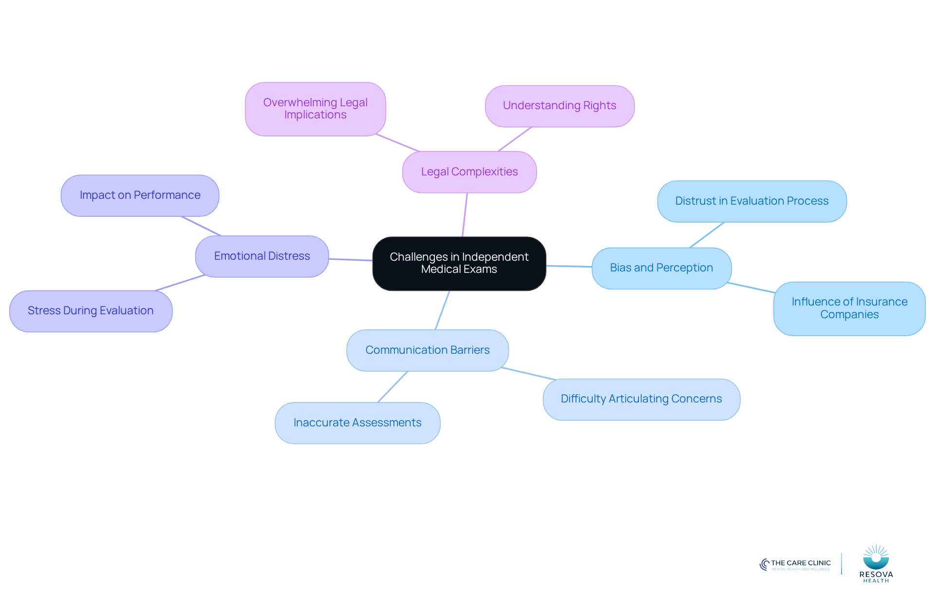 The central node represents the main topic, while each branch highlights a specific challenge. Follow the branches to understand how each issue affects patients and clinicians during the IME process. The central node represents the main topic, while each branch highlights a specific challenge. Follow the branches to understand how each issue affects patients and clinicians during the IME process.