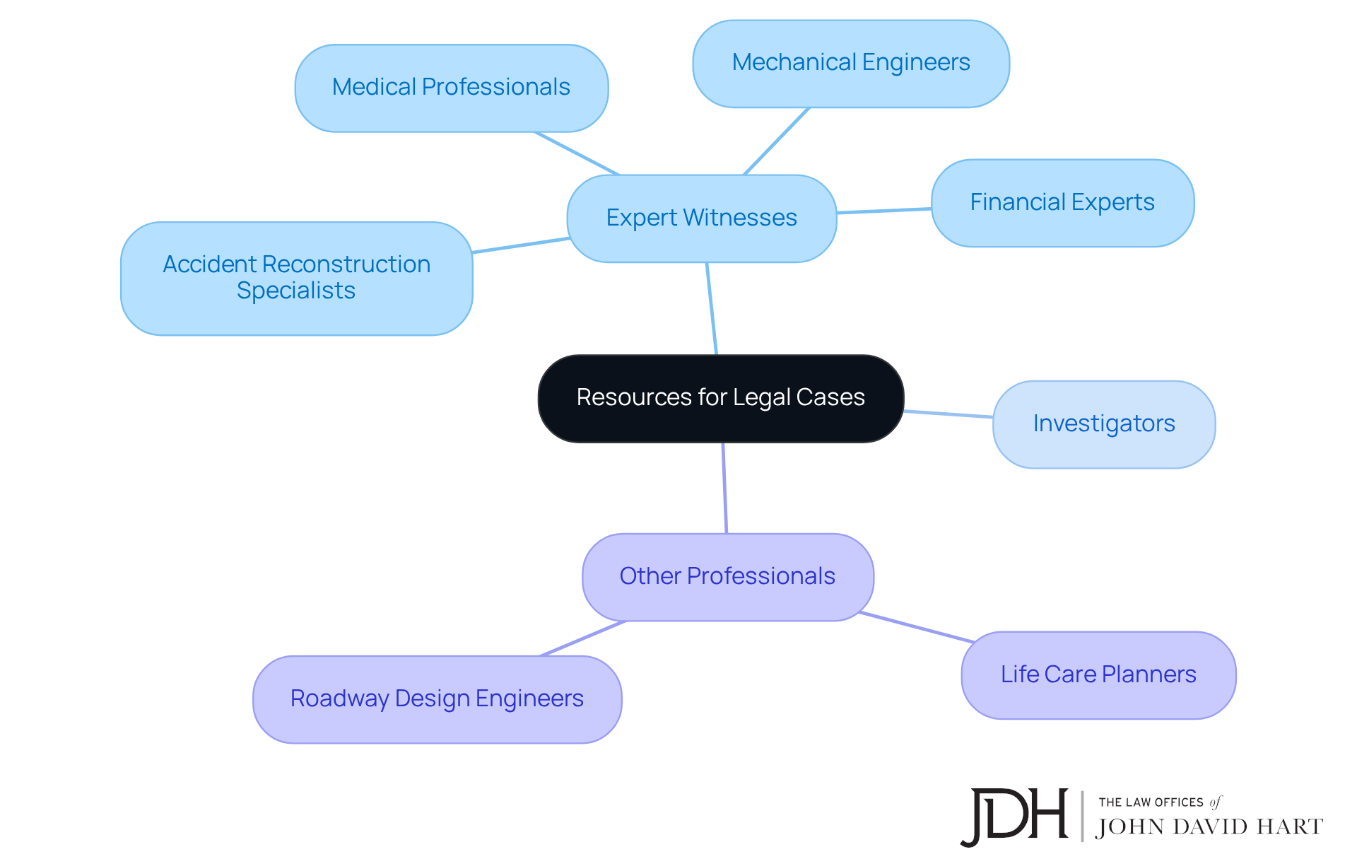 The central idea is about the resources your lawyer can provide. Each branch shows a type of resource, and the sub-branches give specific examples of professionals who can help in your case.