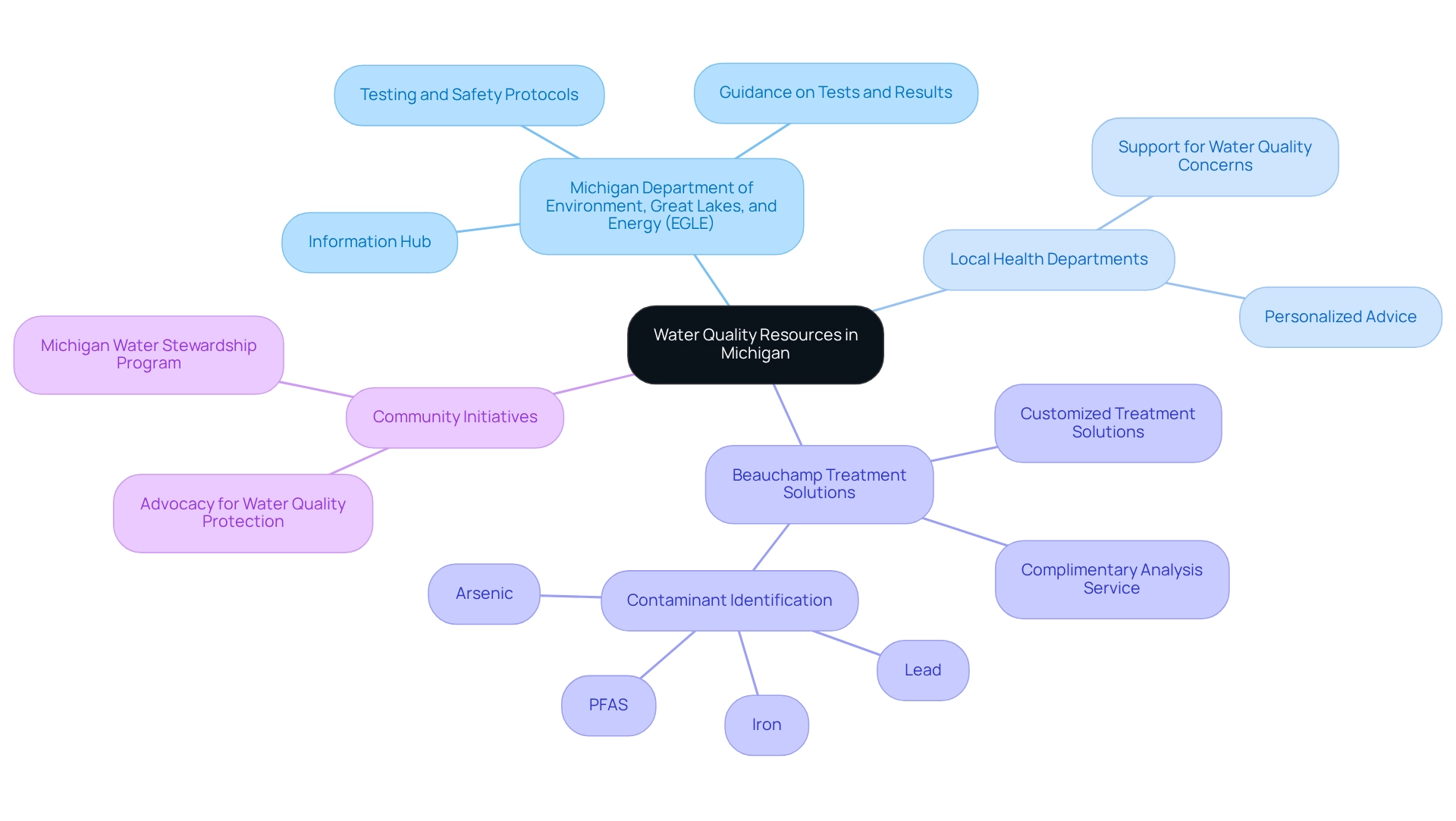 The central node represents overall resources, with branches detailing specific organizations and their contributions to water quality. The central node represents overall resources, with branches detailing specific organizations and their contributions to water quality.