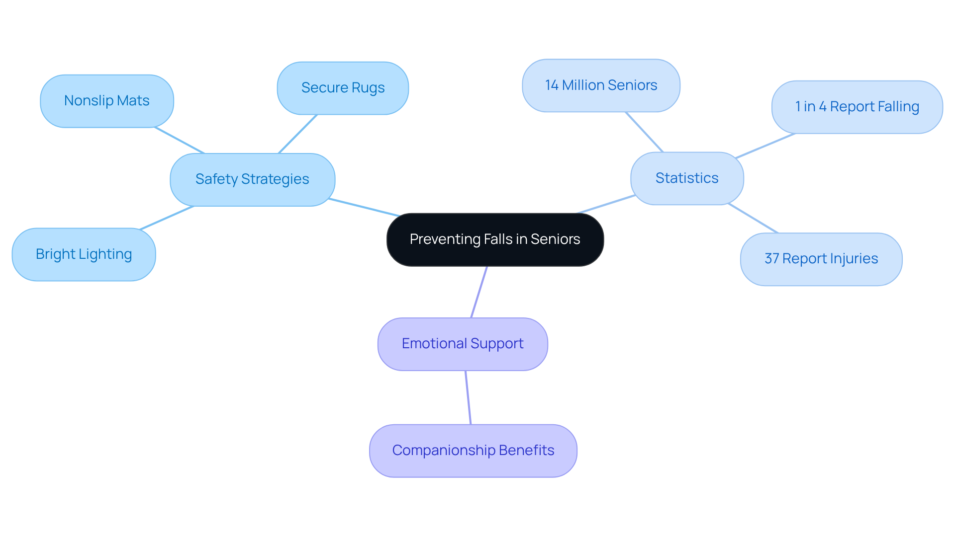 The center shows the main goal of preventing falls, while the branches illustrate strategies, important statistics, and the emotional aspects of care. Each branch helps explain how Best Care Nurses Registry addresses this critical issue.