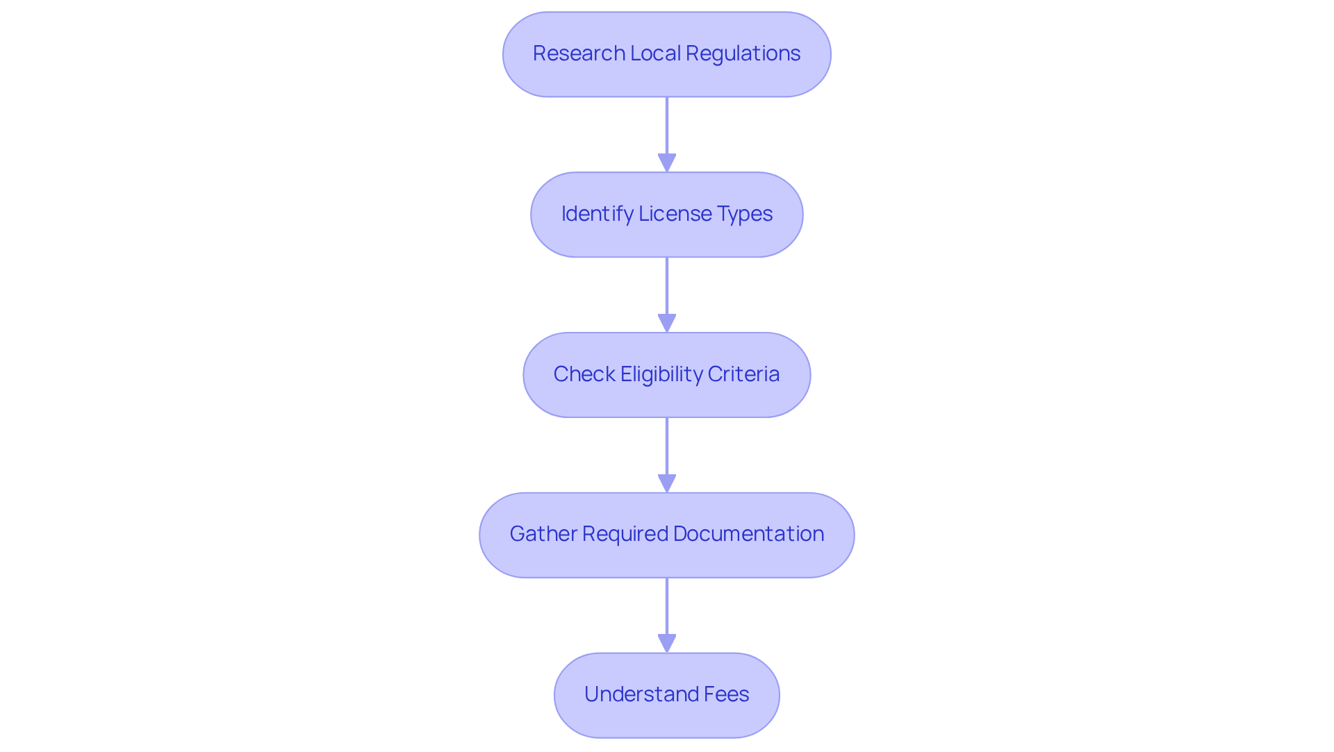 Each box represents a step you need to take. Follow the arrows to see how they connect and what order to complete them in. This will guide you through the licensing process smoothly.