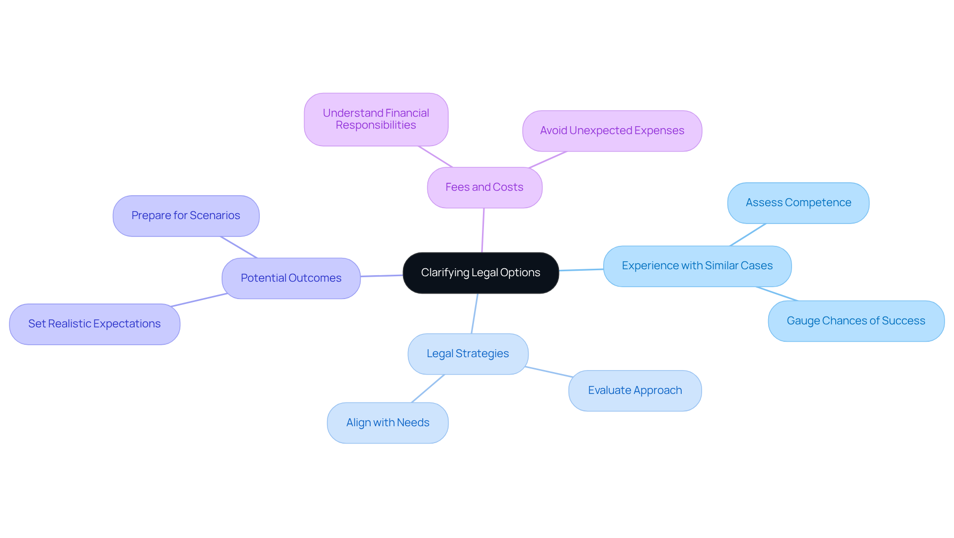 The center represents the goal of clarifying your legal options. Each branch shows a key question to ask, with explanations that help you understand why they matter in your consultation.
