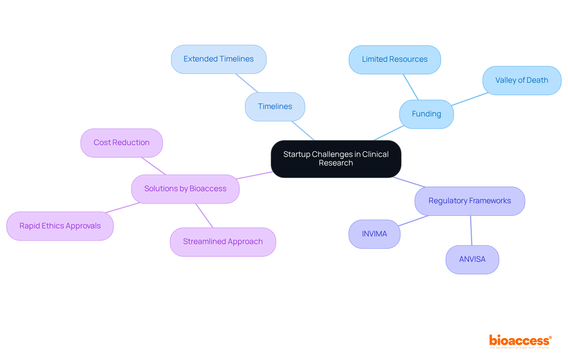 The center represents the main theme of startup challenges, with branches showing specific issues and solutions. Each color-coded branch helps you see how different aspects are connected and what Bioaccess offers to help.