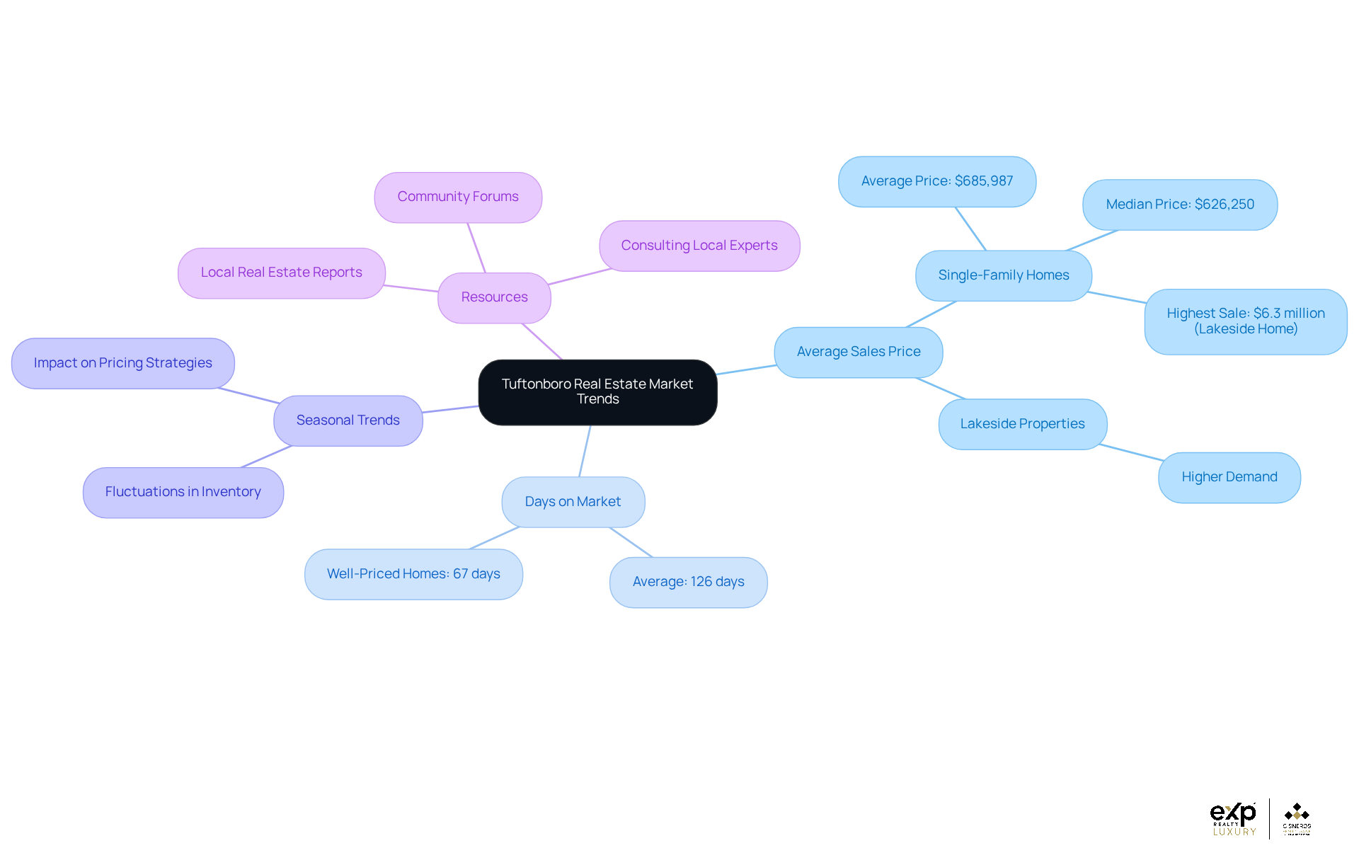 The central node represents the overall market trends, while branches show specific areas of interest. Each color-coded branch helps you quickly identify key topics and their details.