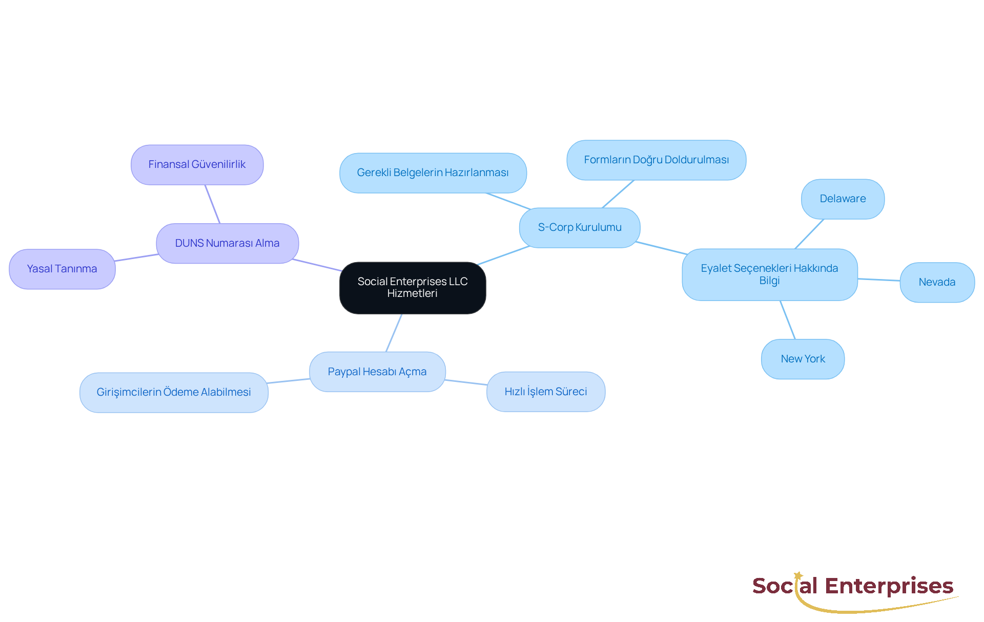 Merkezdeki başlık, LLC'nin sunduğu hizmetleri temsil ediyor. Dallar, her bir hizmetin ne olduğunu ve girişimcilere nasıl yardımcı olduğunu gösteriyor. Merkezdeki başlık, LLC'nin sunduğu hizmetleri temsil ediyor. Dallar, her bir hizmetin ne olduğunu ve girişimcilere nasıl yardımcı olduğunu gösteriyor.