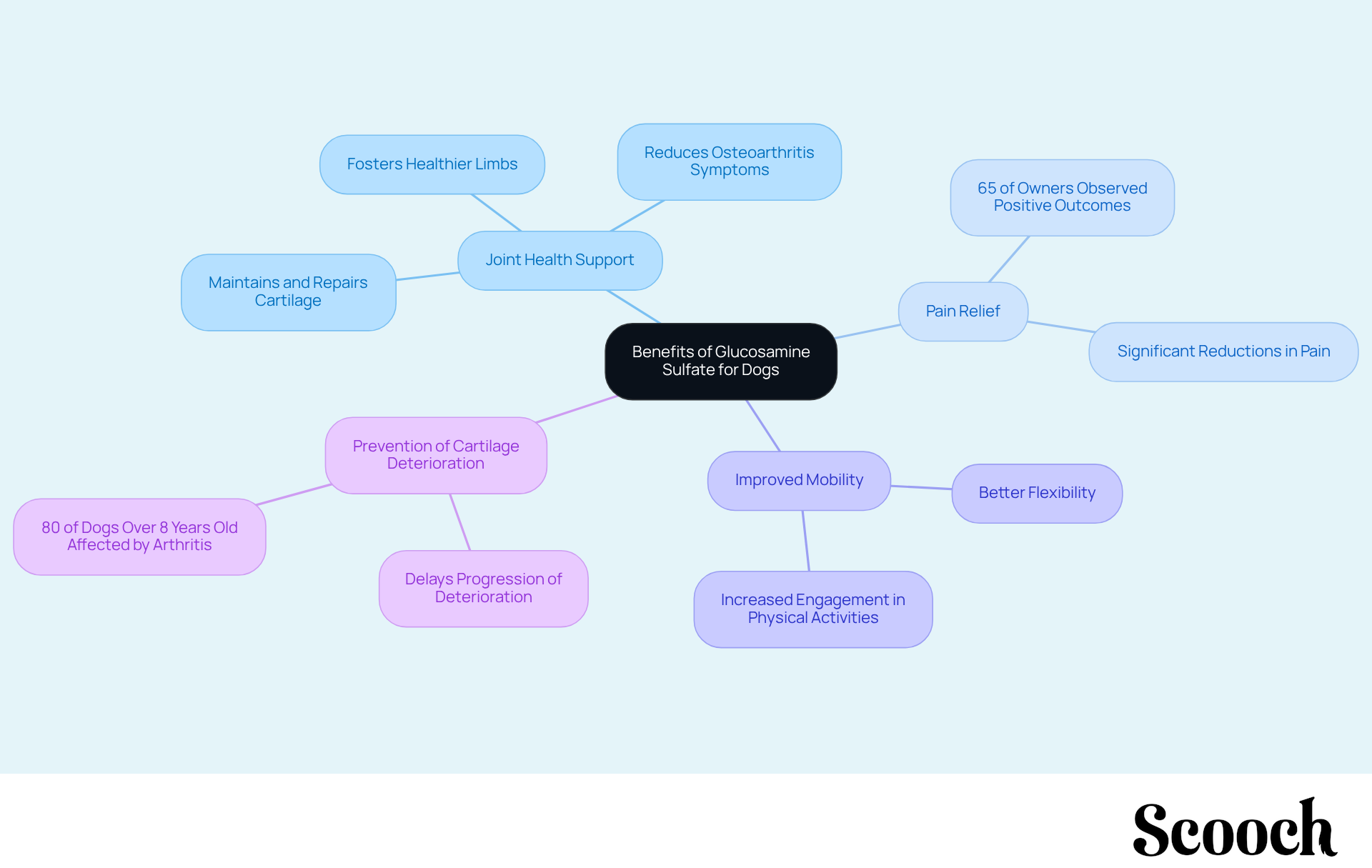 The center shows the main topic, while each branch represents a specific benefit. Follow the branches to explore how glucosamine sulfate helps support your dog's joint health.