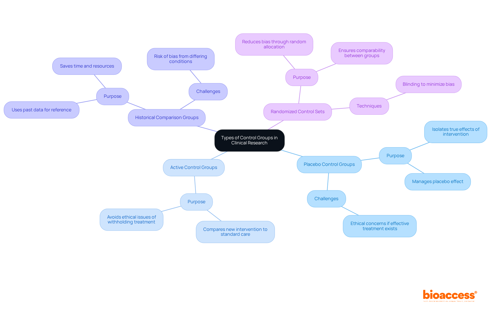 The center shows the main topic of control groups. Each branch represents a different type, and the points underneath explain their purpose and significance in research.