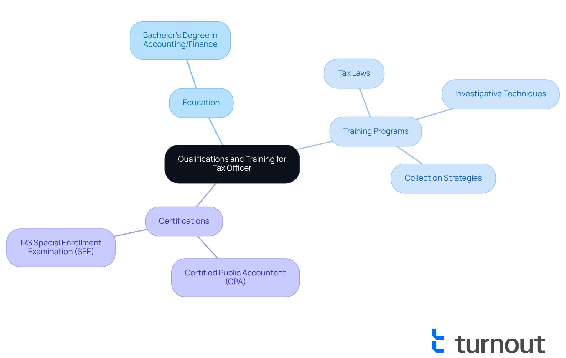 The central node shows the main focus on qualifications and training, while branches detail the educational background, essential training topics, and relevant certifications needed for a successful career in tax.