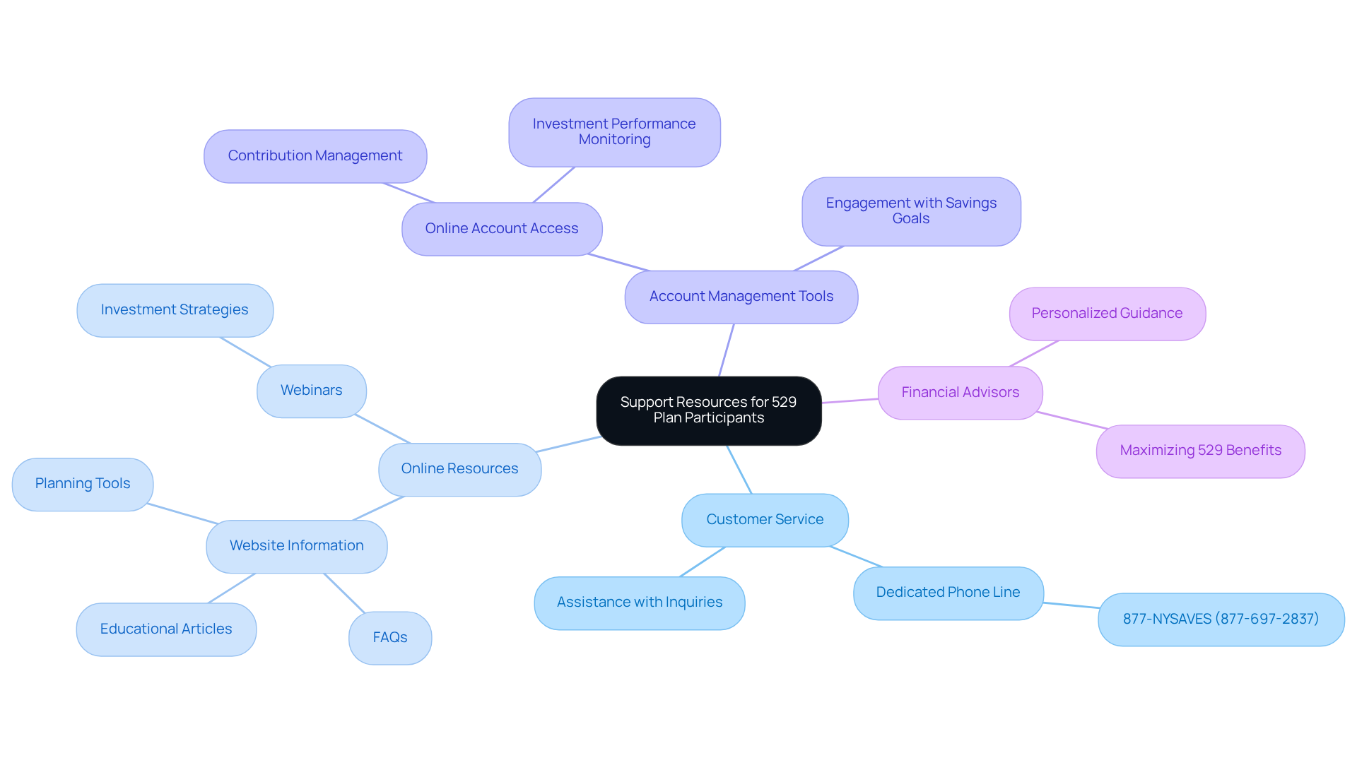 The central node represents the overall support available, while each branch highlights a specific resource. Explore each branch to discover how these resources can assist you in managing your 529 plan effectively.