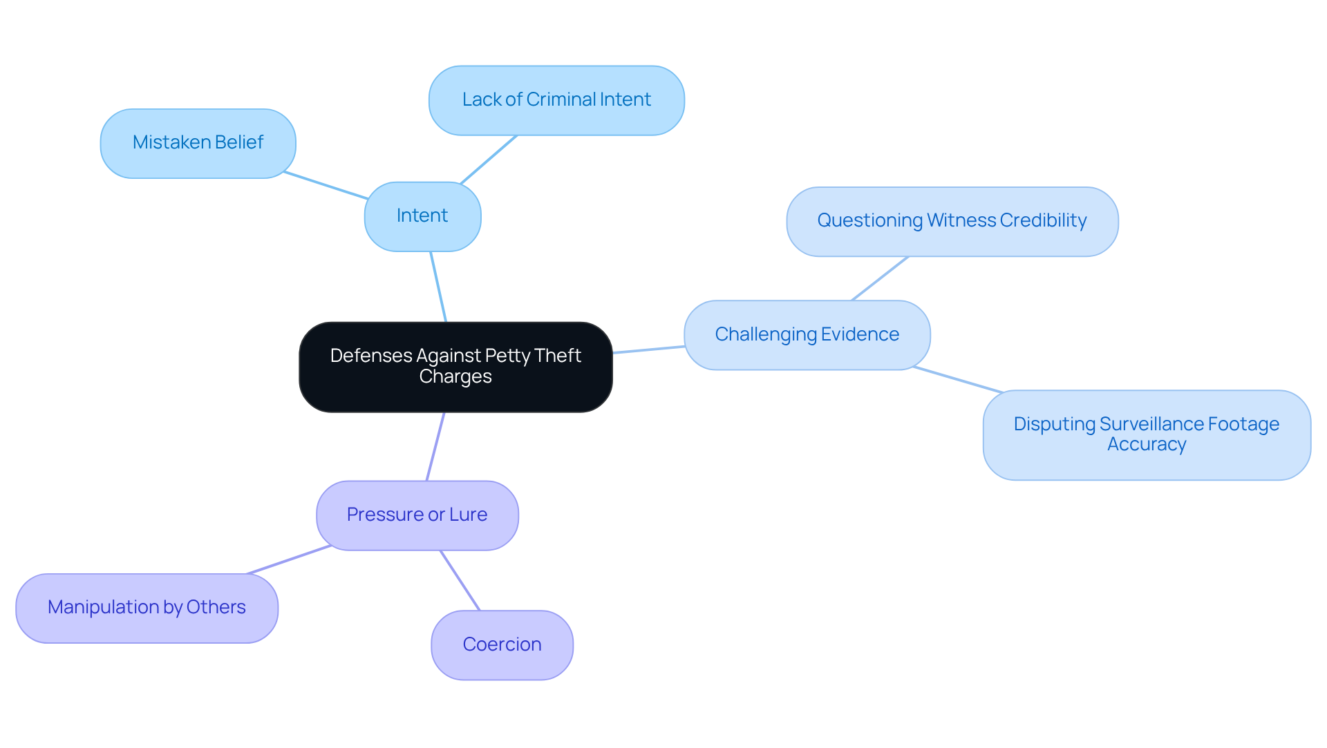 This mindmap shows different strategies you can use if you're facing petty theft charges. Start at the center with the main idea, then follow the branches to see specific defenses and examples that can help you in your case. This mindmap shows different strategies you can use if you're facing petty theft charges. Start at the center with the main idea, then follow the branches to see specific defenses and examples that can help you in your case.