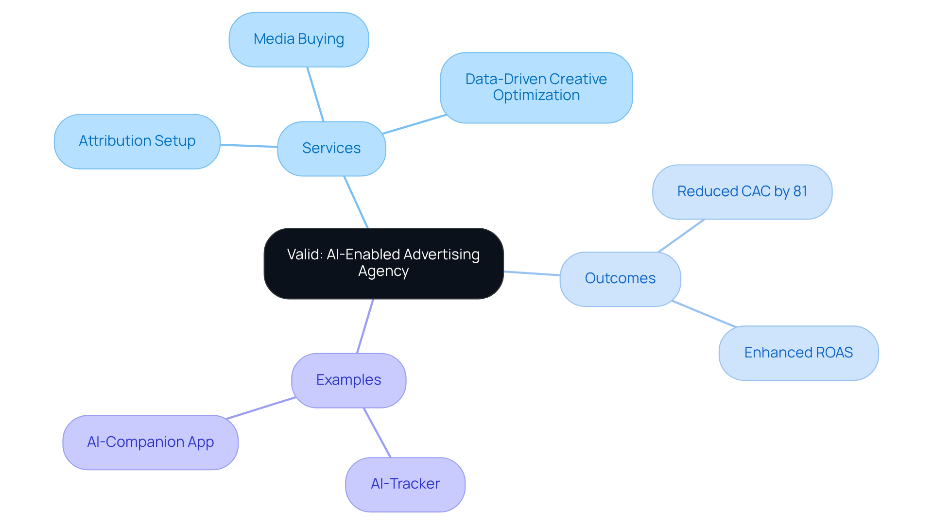 The center represents Valid as an agency, with branches showing the services they offer, the outcomes they achieve, and examples of their successful campaigns. Each branch helps you understand how Valid supports startups in optimizing their advertising efforts.